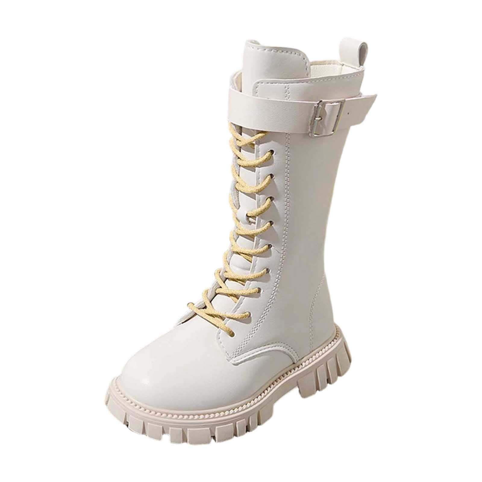 MUXiin Girls White Lace-Up Combat Boots with Side Zipper, Knee-High Lug ...