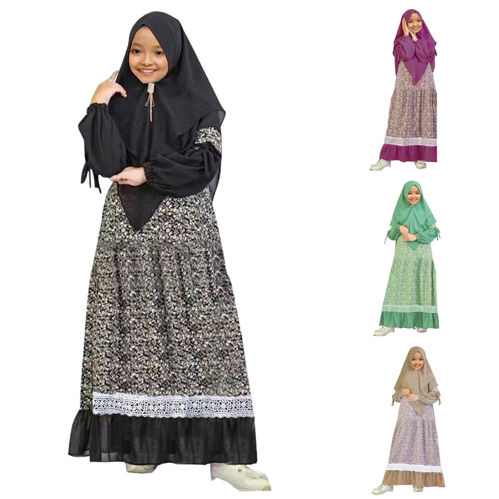 MUXiin Muslim Baby Girls' Floral Abaya With Hijab Full Length Robe ...