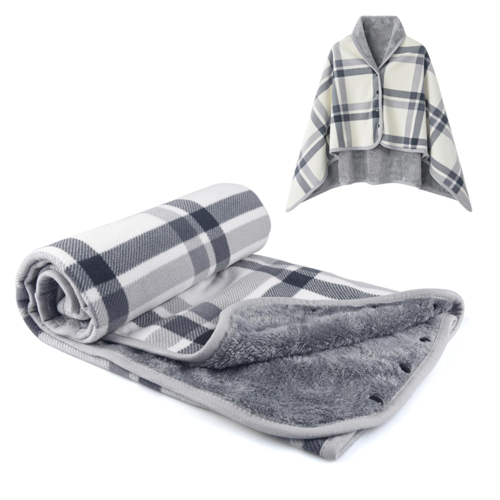 MUYIER Fleece Wearable Blanket, Plaid Lap Blanket Comfy Poncho Throw ...