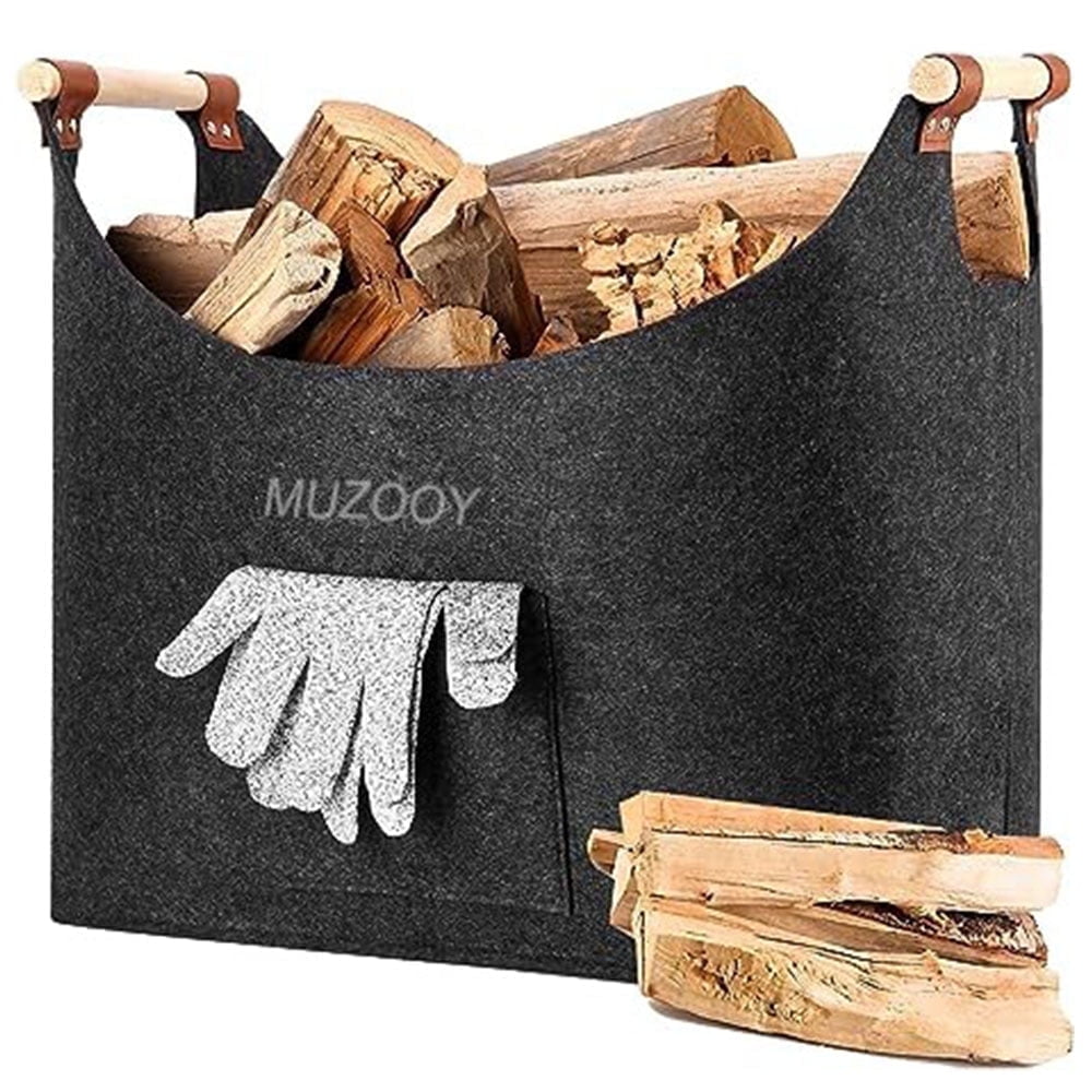 MUZOOY Large Firewood Basket, Extra Thick Felt and Reinforced Handle ...