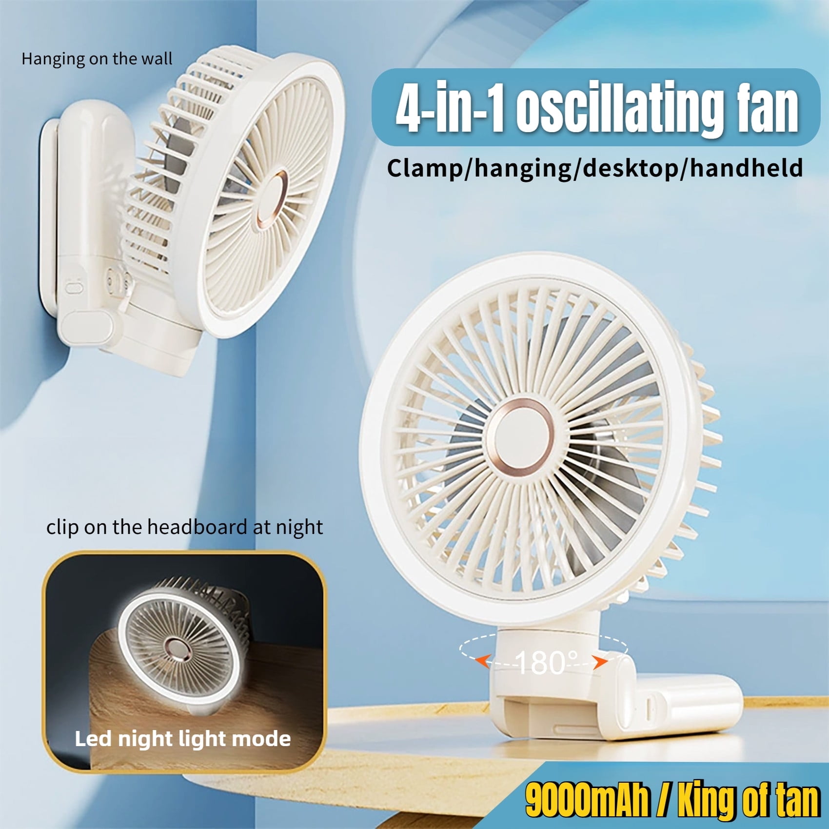MUZPU New Multifunctional 9000mAh 4-Speed Oscillating LED Desktop Fan ...