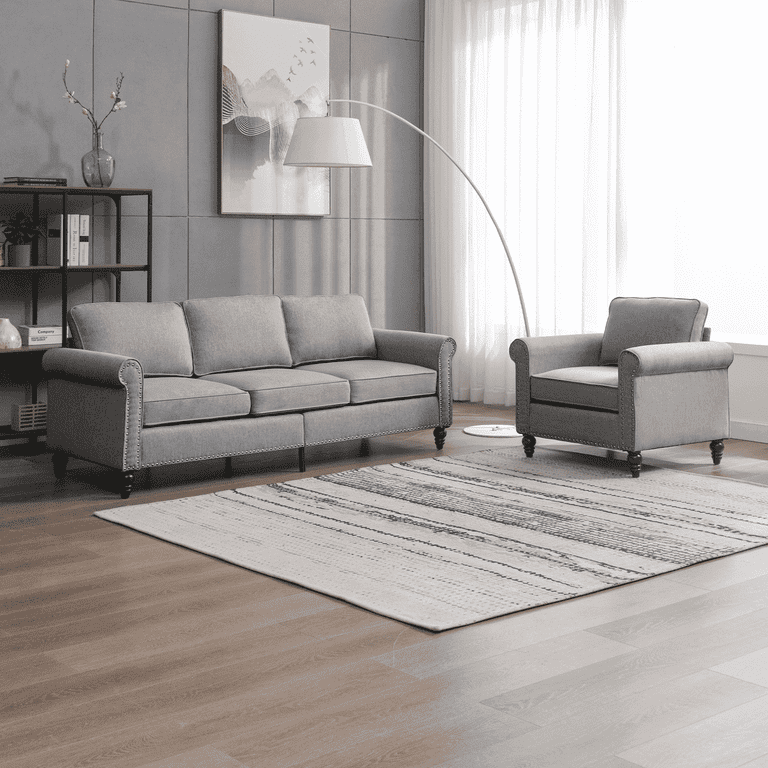 Muzz 2 Piece Living Room Set 3 Seater Sofa Single Chair with Extra Deep Upholstered Fabric Cushion Light Grey