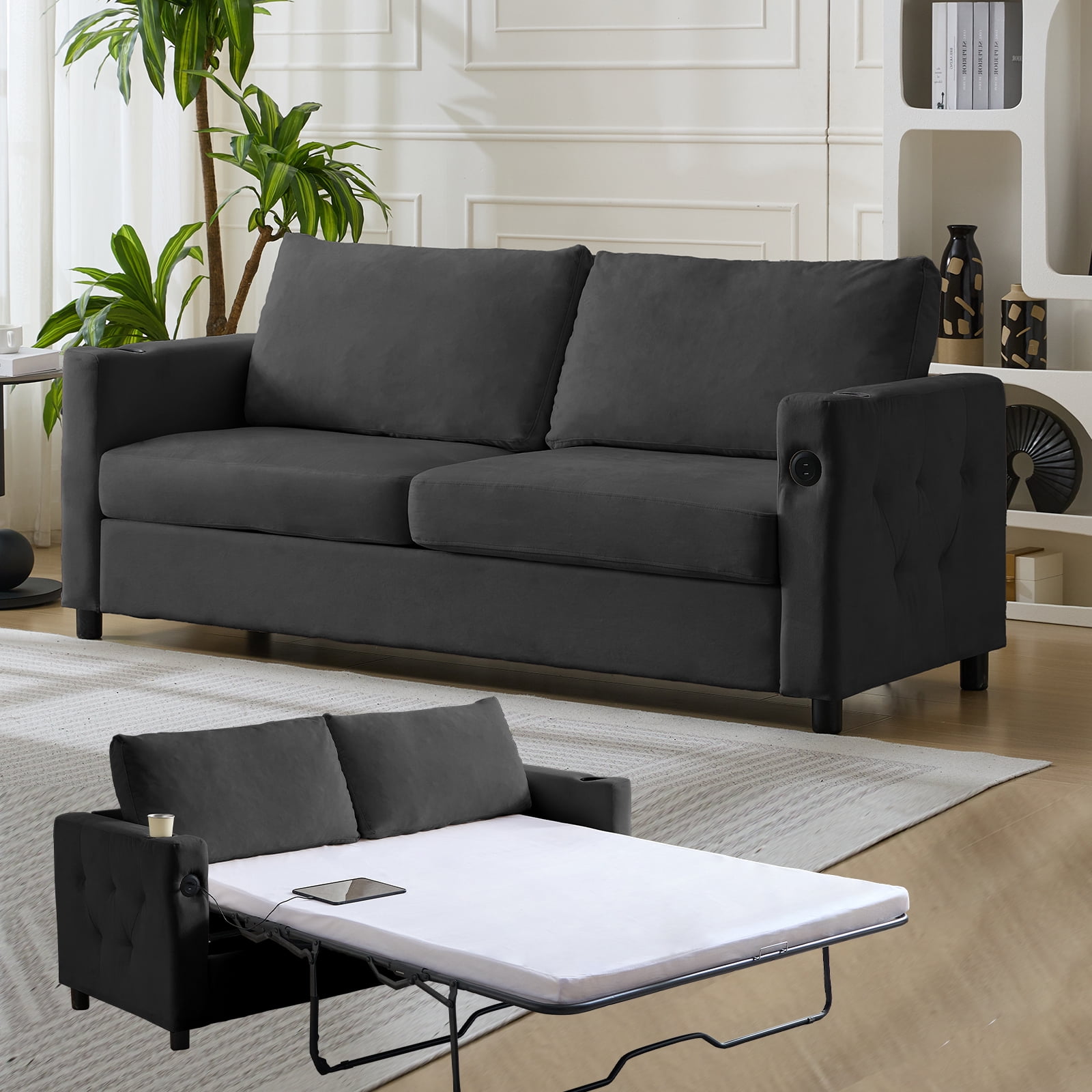 MUZZ 2-in-1 Daybed Couch, Full Size, Memory Foam, USB & Cup Holder, Dark Grey - Walmart.com