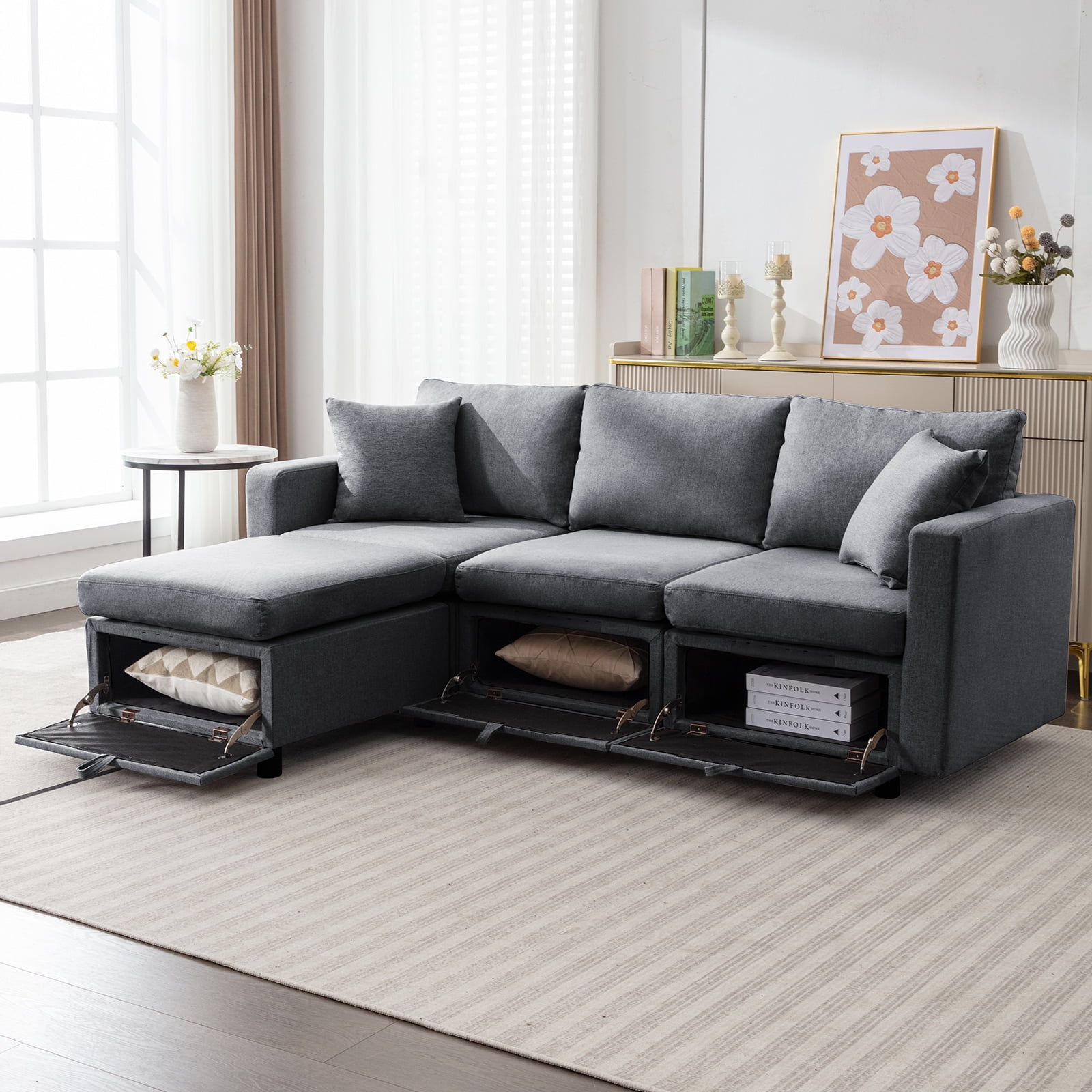 MUZZ 4-Seater Convertible Modular Sectional Sofa with Storage Ottoman ...