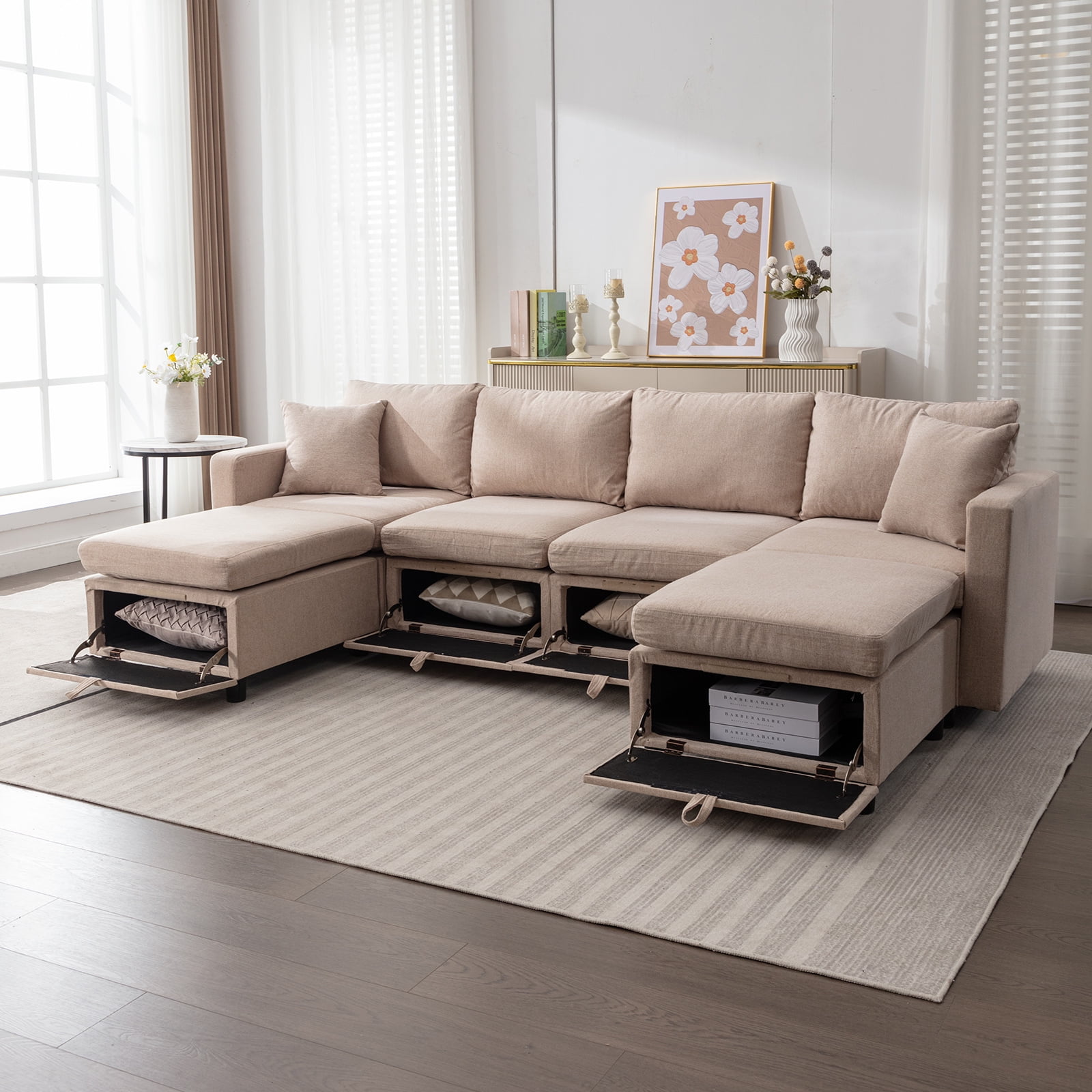 MUZZ 6-Seater Convertible Modular Sectional Sofa with Storage Ottoman ...
