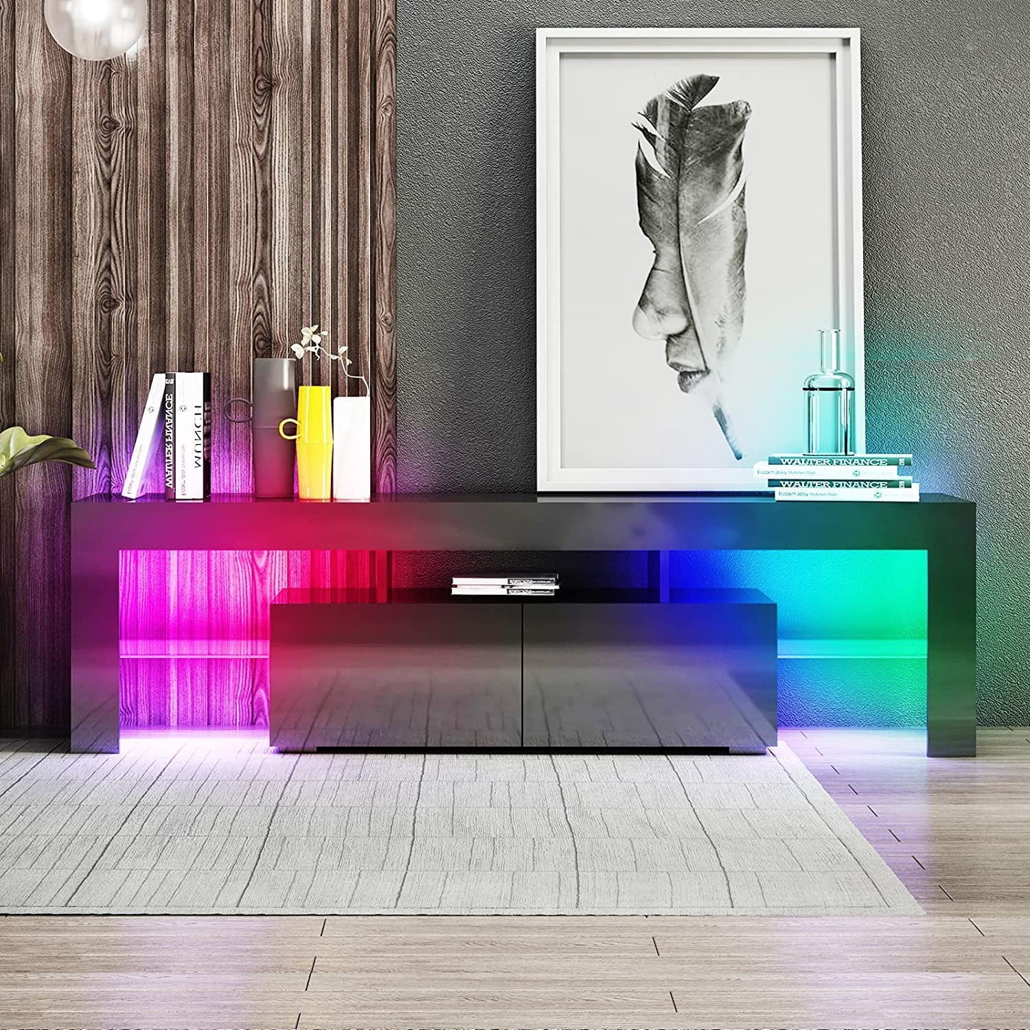 MUZZ 63" LED TV Stand, High Gloss Television MDF Stands with RGB LED ...