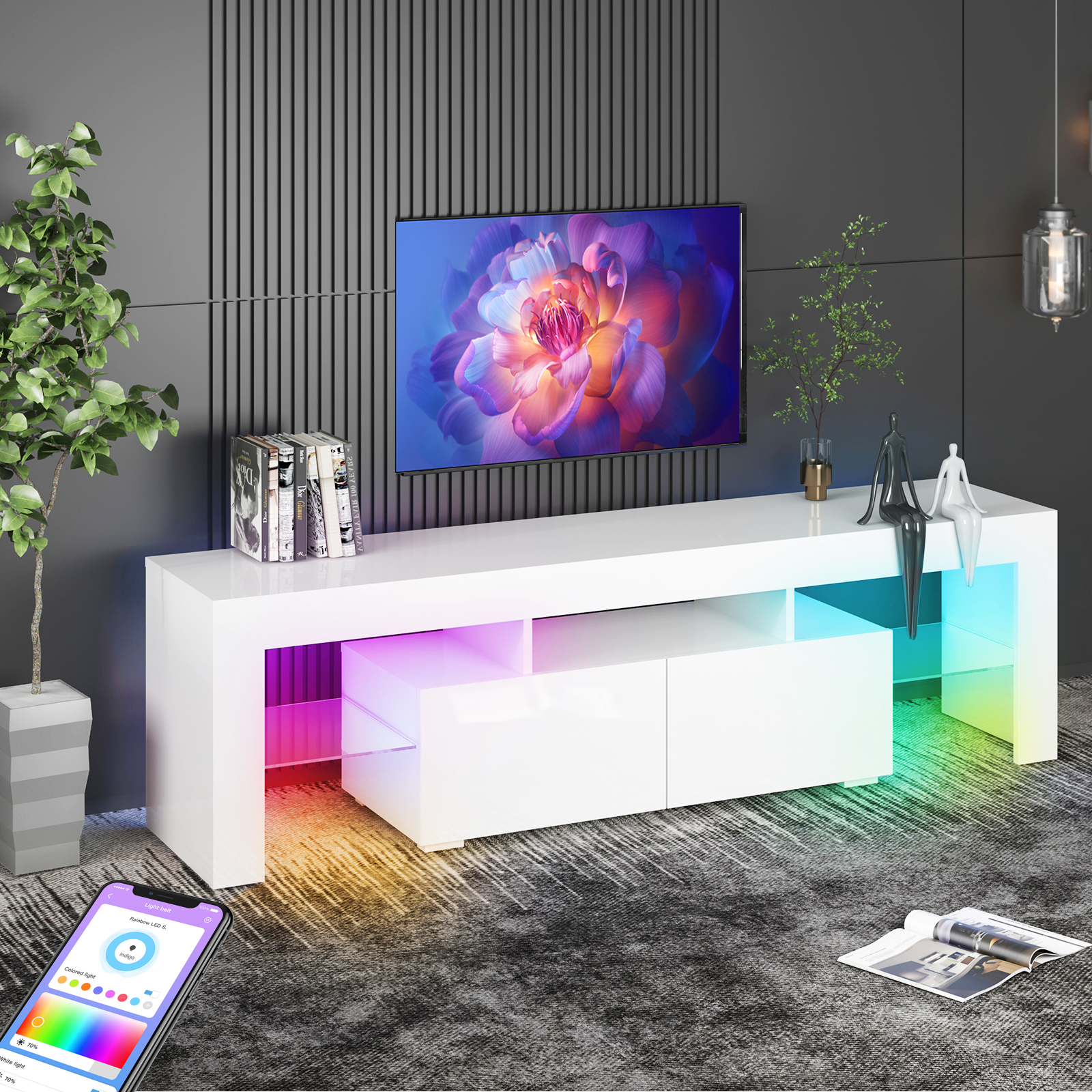 MUZZ 63" LED TV Stand, High Gloss Television Stands with RGB LED Lights ...