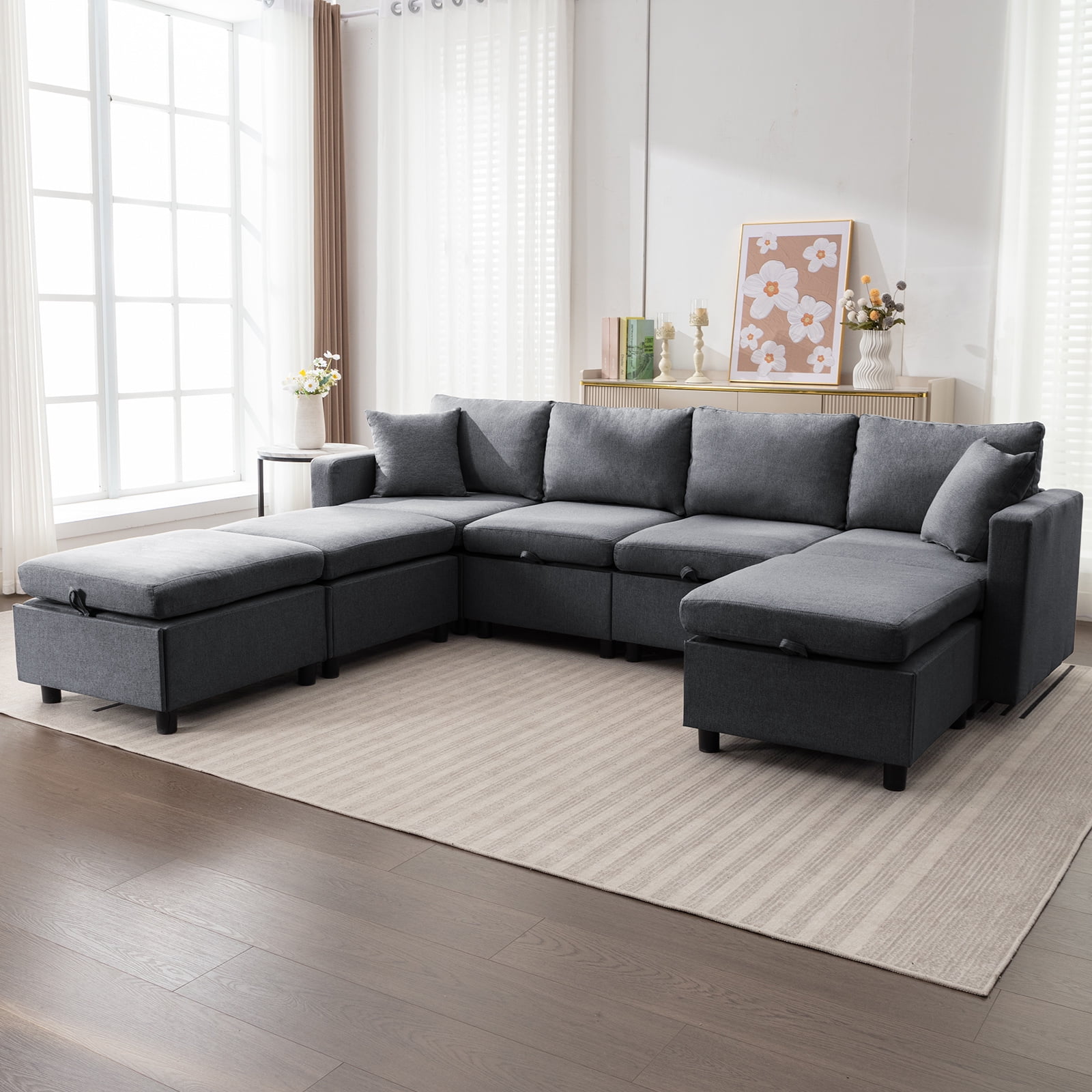 MUZZ 7-Seater Convertible Modular Sectional Sofa with Storage Ottomans ...