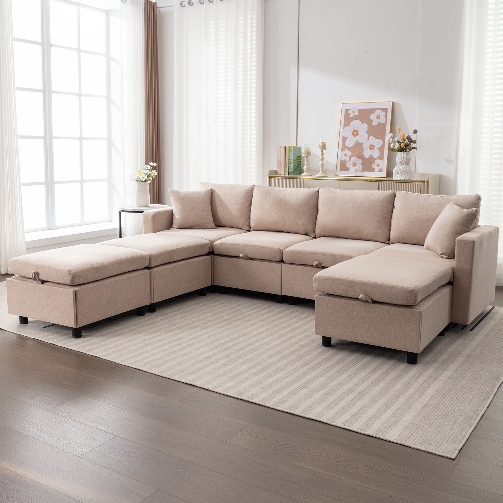 MUZZ 7-Seater Convertible Modular Sectional Sofa with Storage Ottomans ...