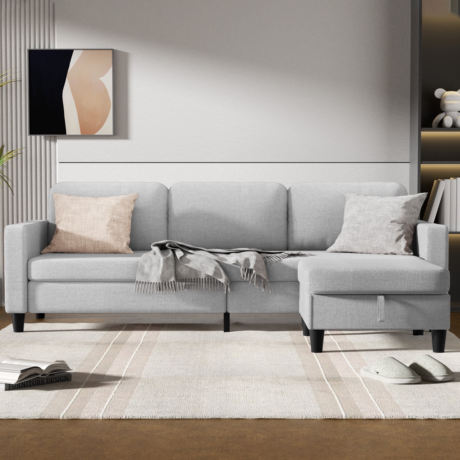 CECER 86"Sectional Sofa w/Movable Storage Ottoman,Linen Fabric L-Shaped ...