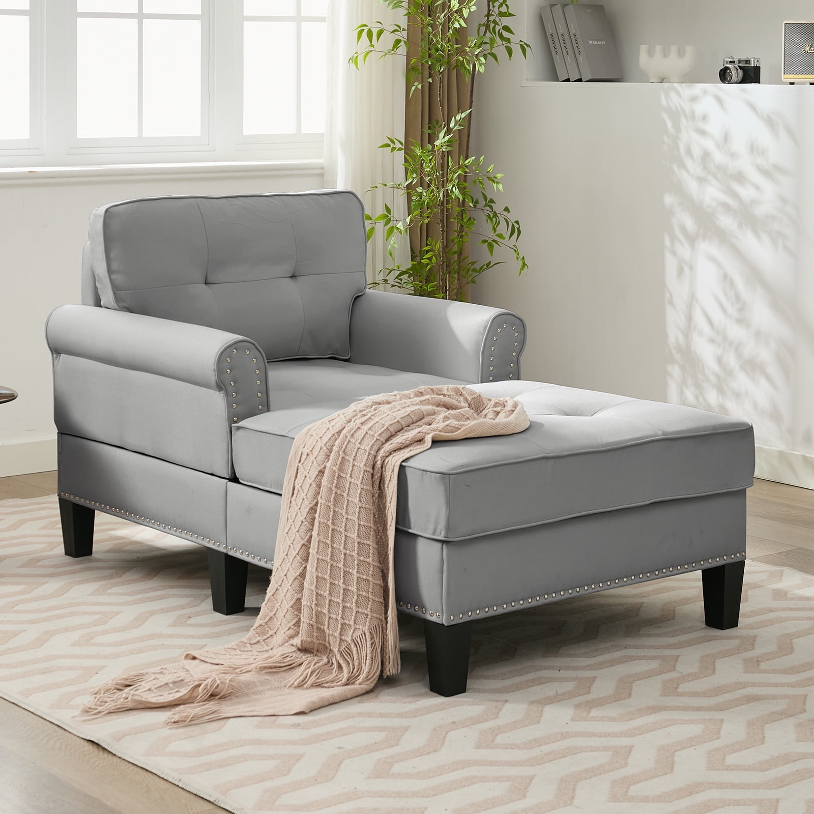 MUZZ Chaise Lounge Indoor Modern Linen Fabric Indoor Lounge Chair for Living Room Small Space Light Grey