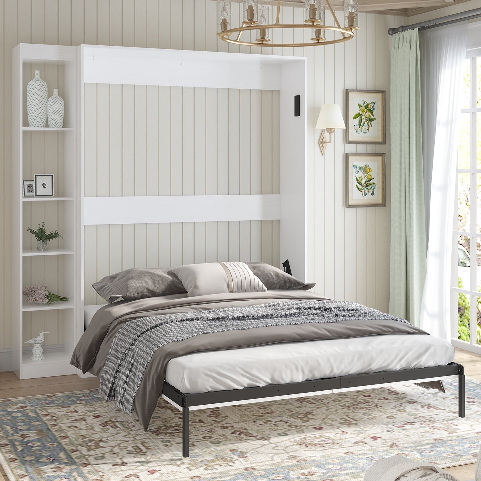 MUZZ Foldable Murphy Bed with 1 Side Cabinet, Folding Wall Bed with ...