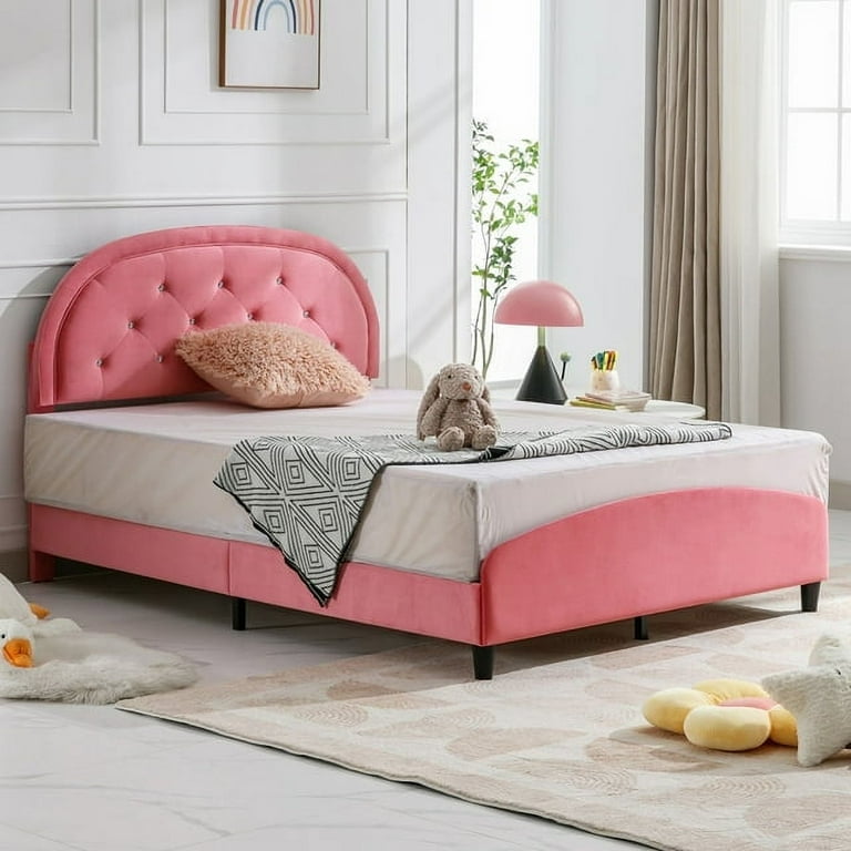 Muzz Full Size Kids Bed Frame Velvet Upholstered Platform Bed Frame with Curved Headboard Pink Princess Bed Frame for Children Pink Button