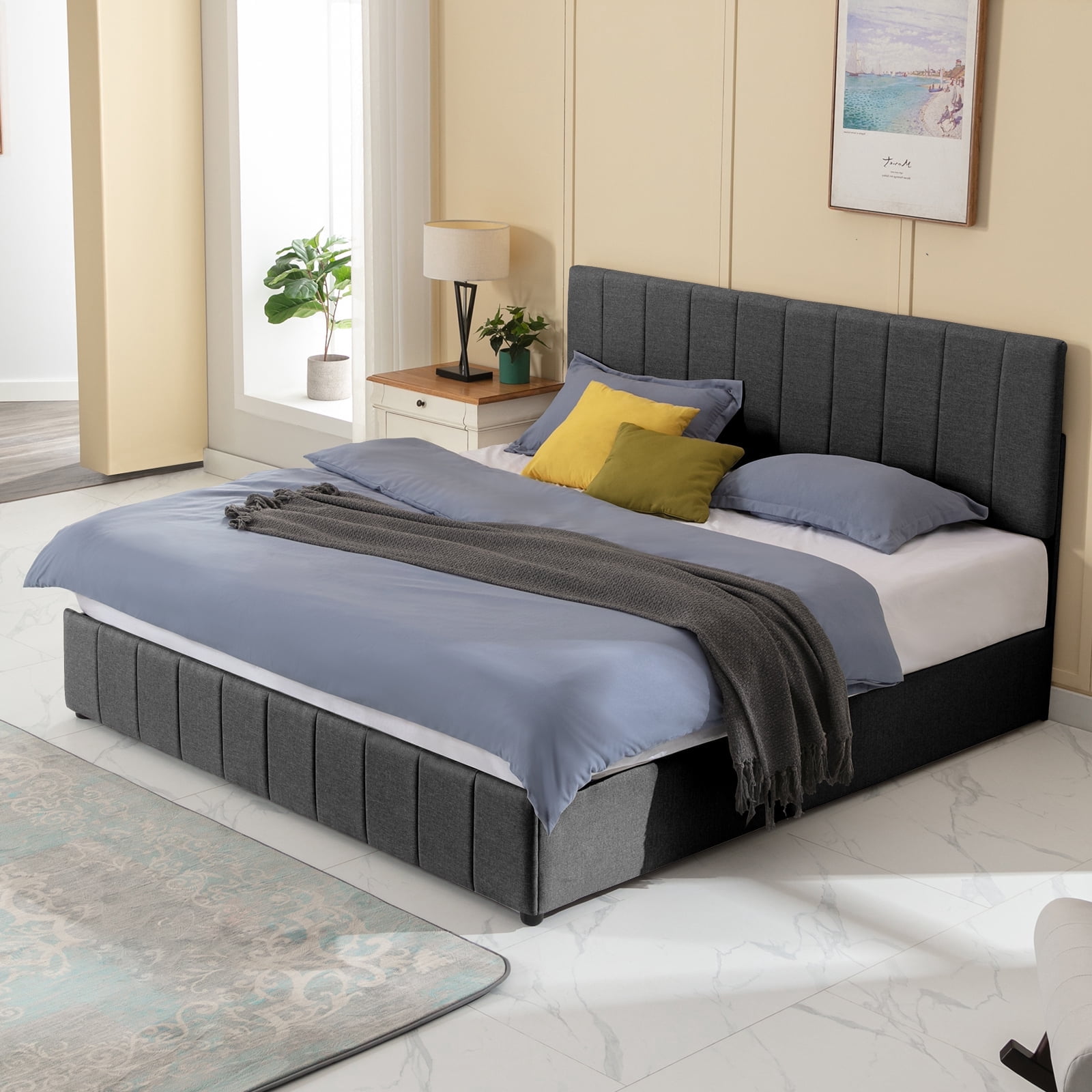 MUZZ Full Size Platform Bed Frame with Linen Upholstered Headboard and ...