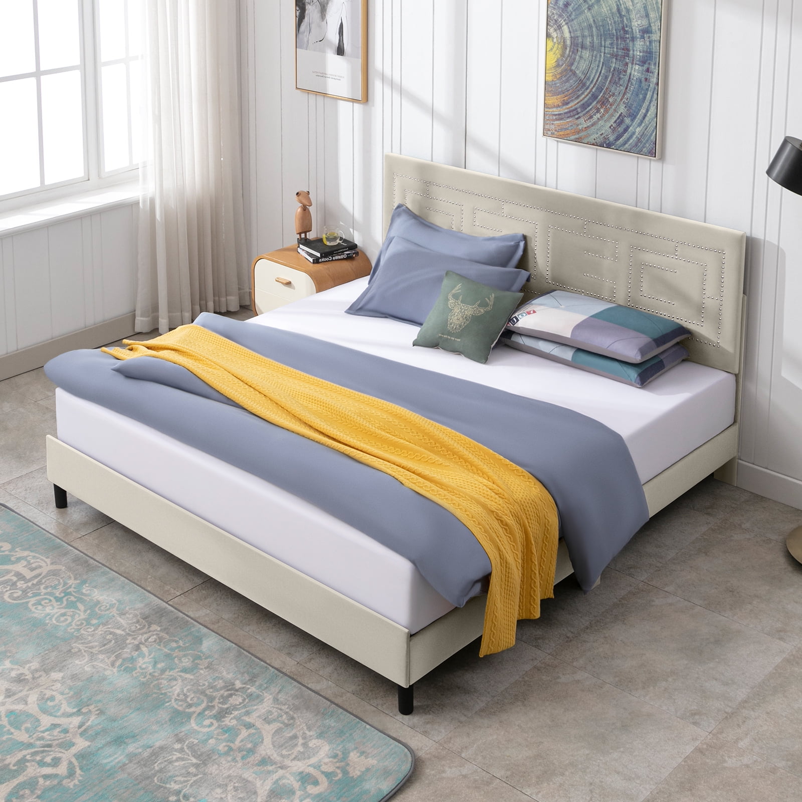 MUZZ King Upholstered Bed Frame, with Fully Padded Rectangular ...