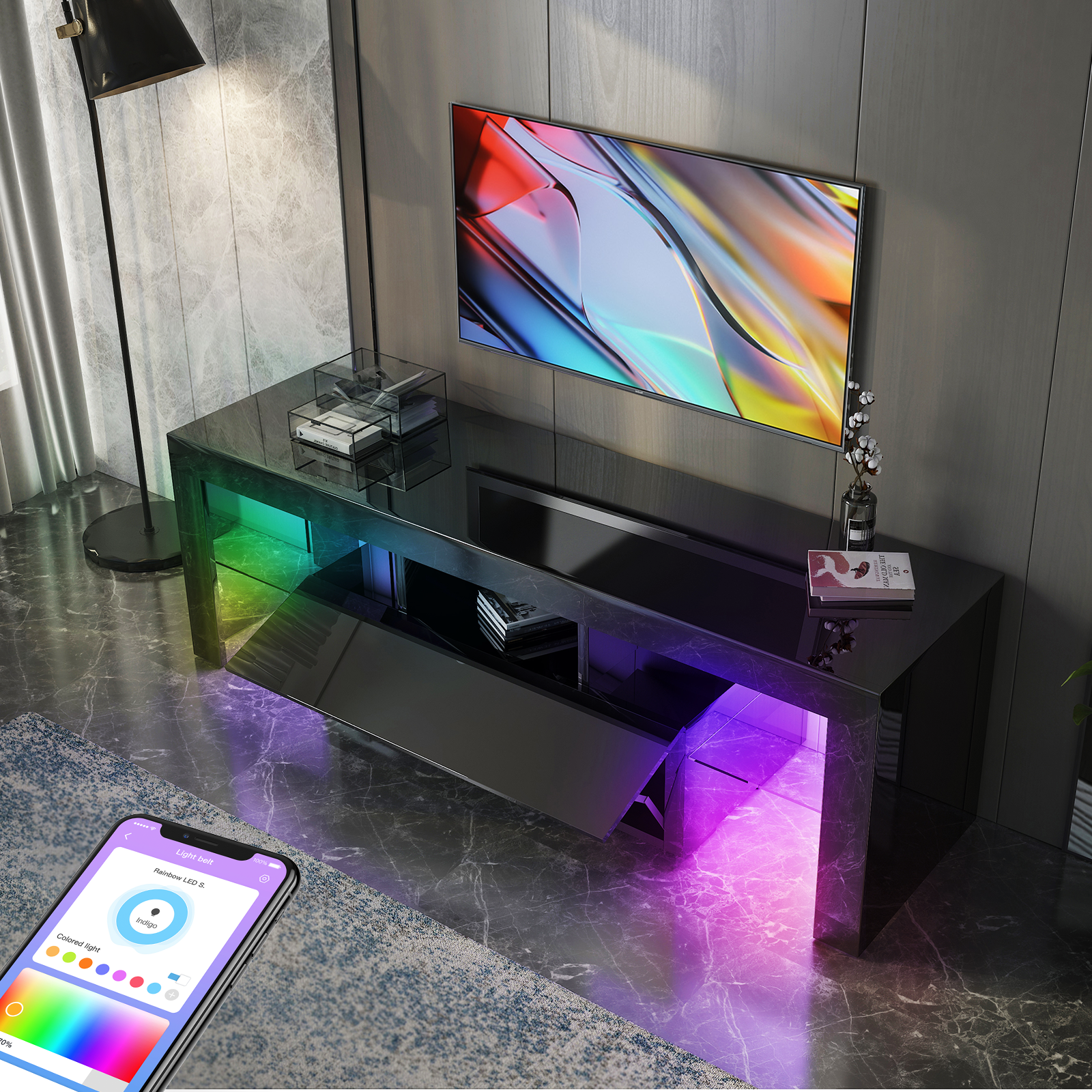 MUZZ LED TV Stand, Modern High Glossy 51" TV Cabinet with RGB LED ...