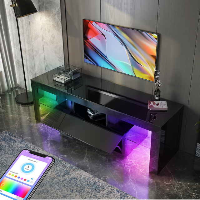 MUZZ LED TV Stand, Modern High Glossy 51" TV Cabinet with RGB LED ...