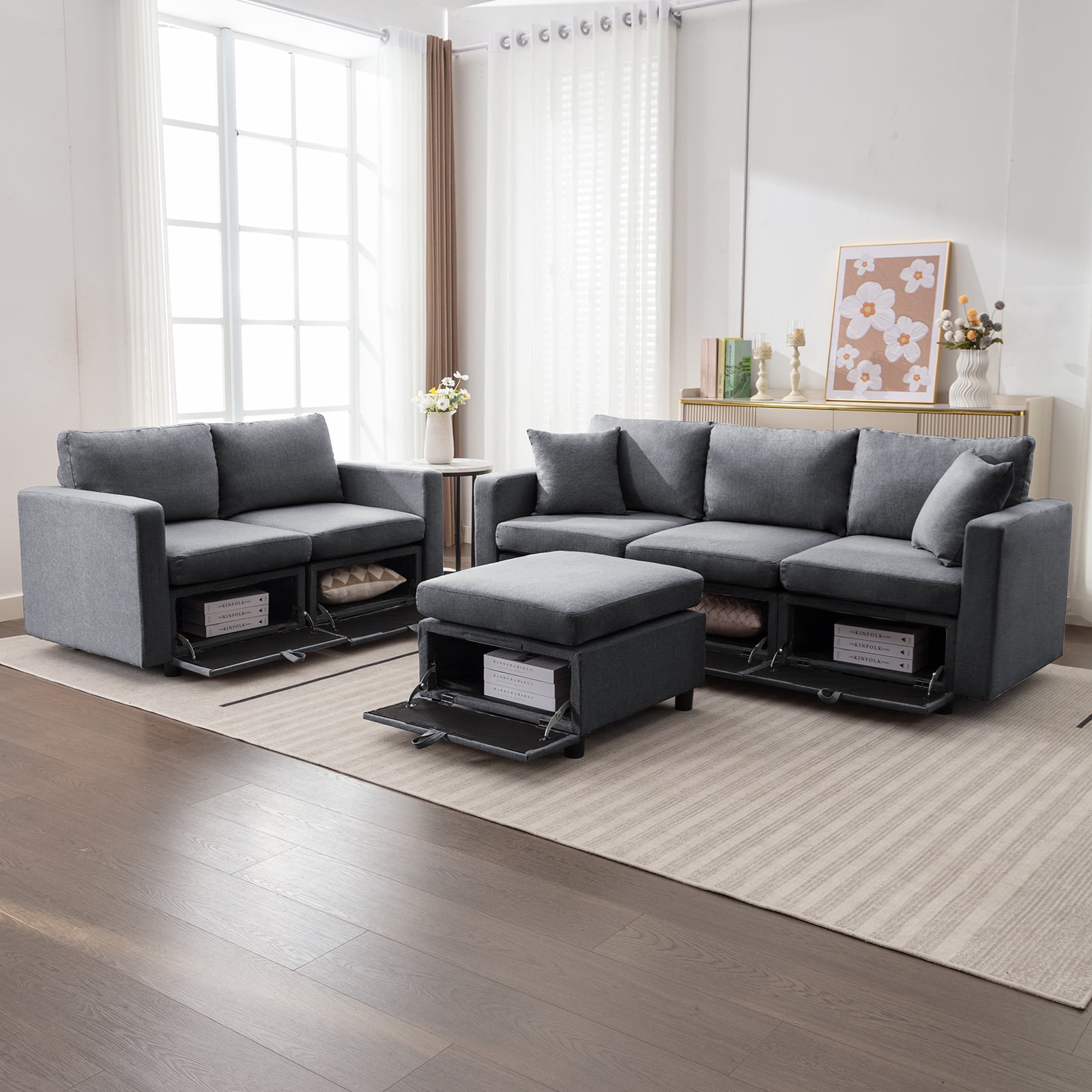 MUZZ Dark Living Room Couch Set with Large Storage (3-Seater Sofa ...