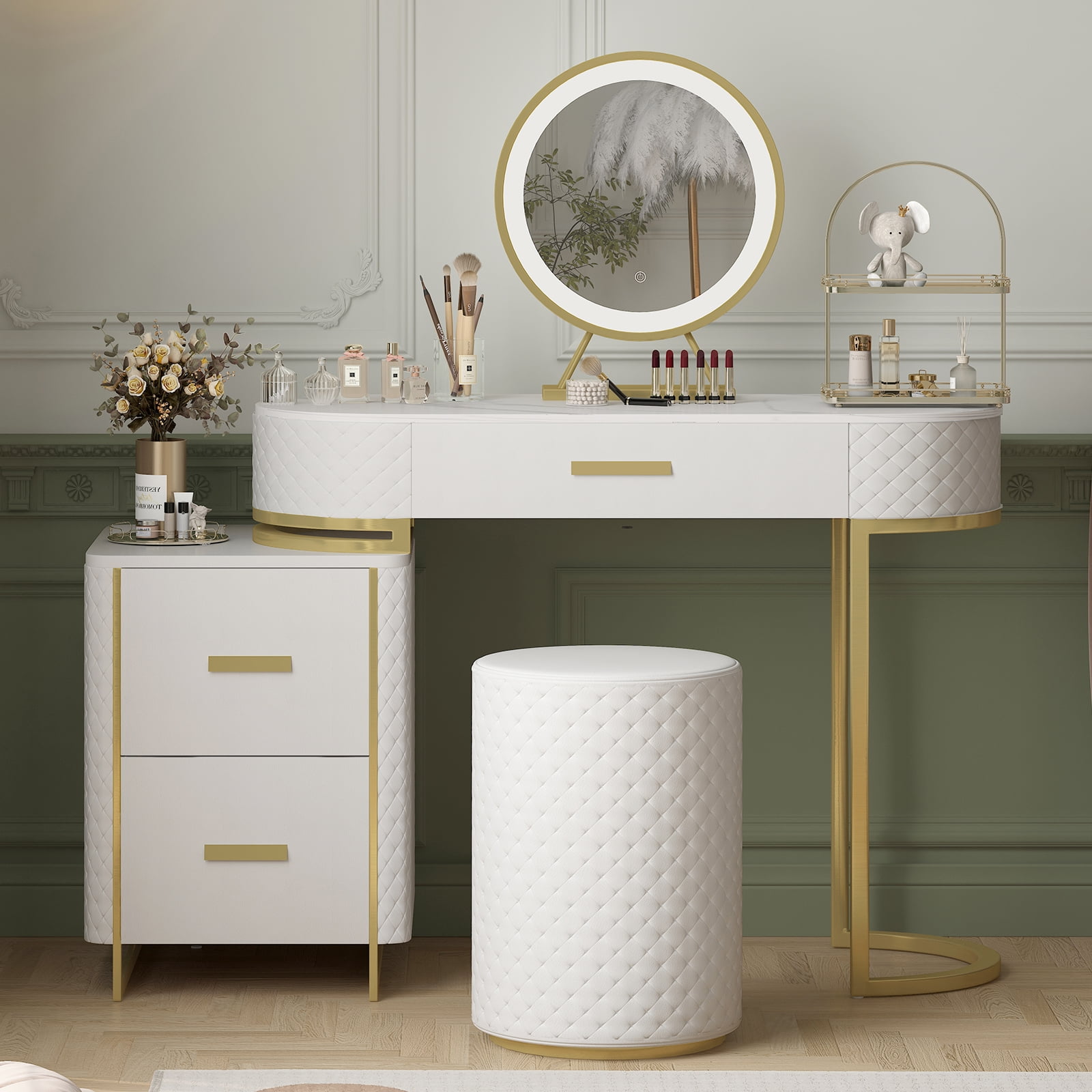 MUZZ Multifunctional Vanity Desk with LED Light&Mirror&Cabinet Drawers ...