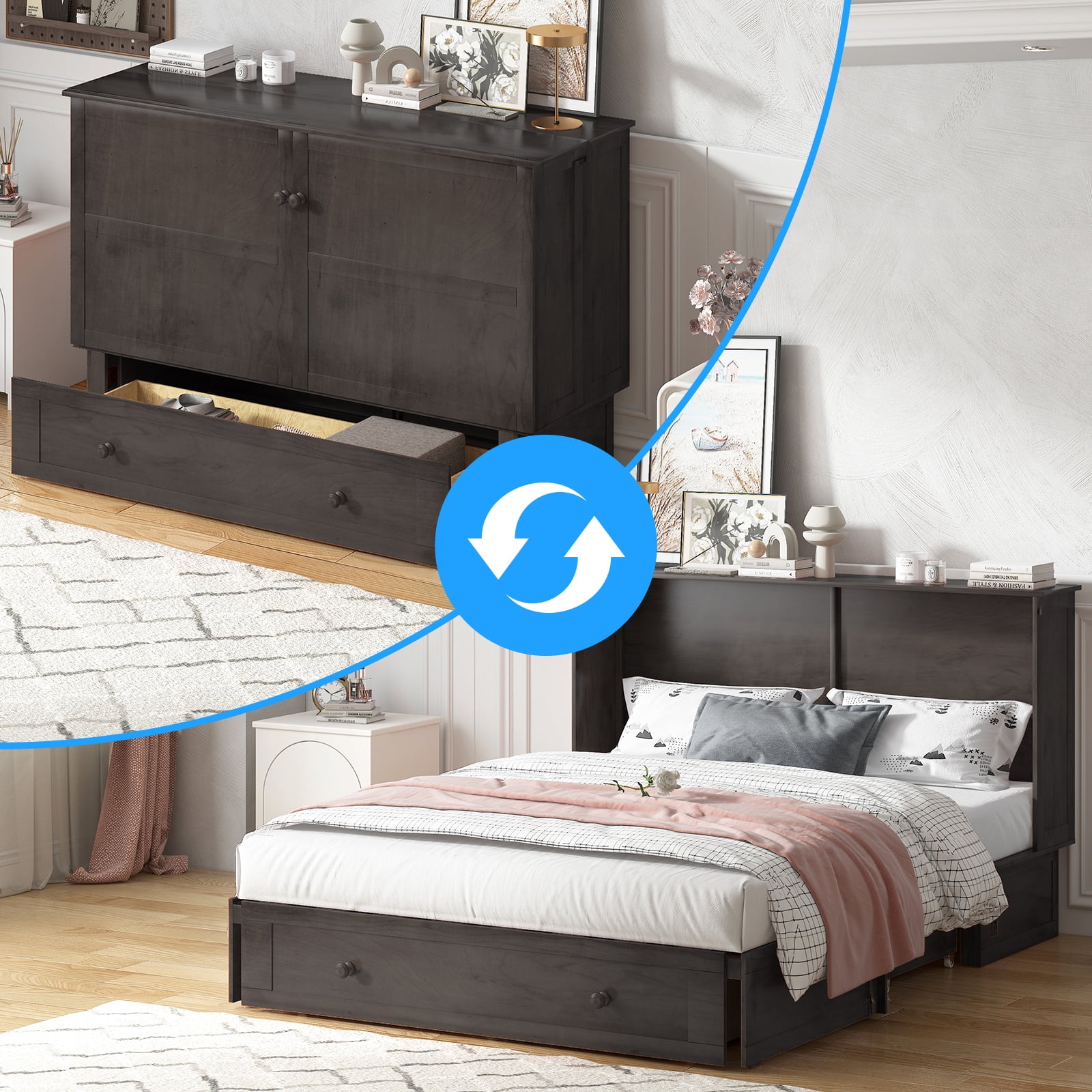 MUZZ Murphy Bed with Trifold Foam Mattress, Cabinet Bed has USB ...