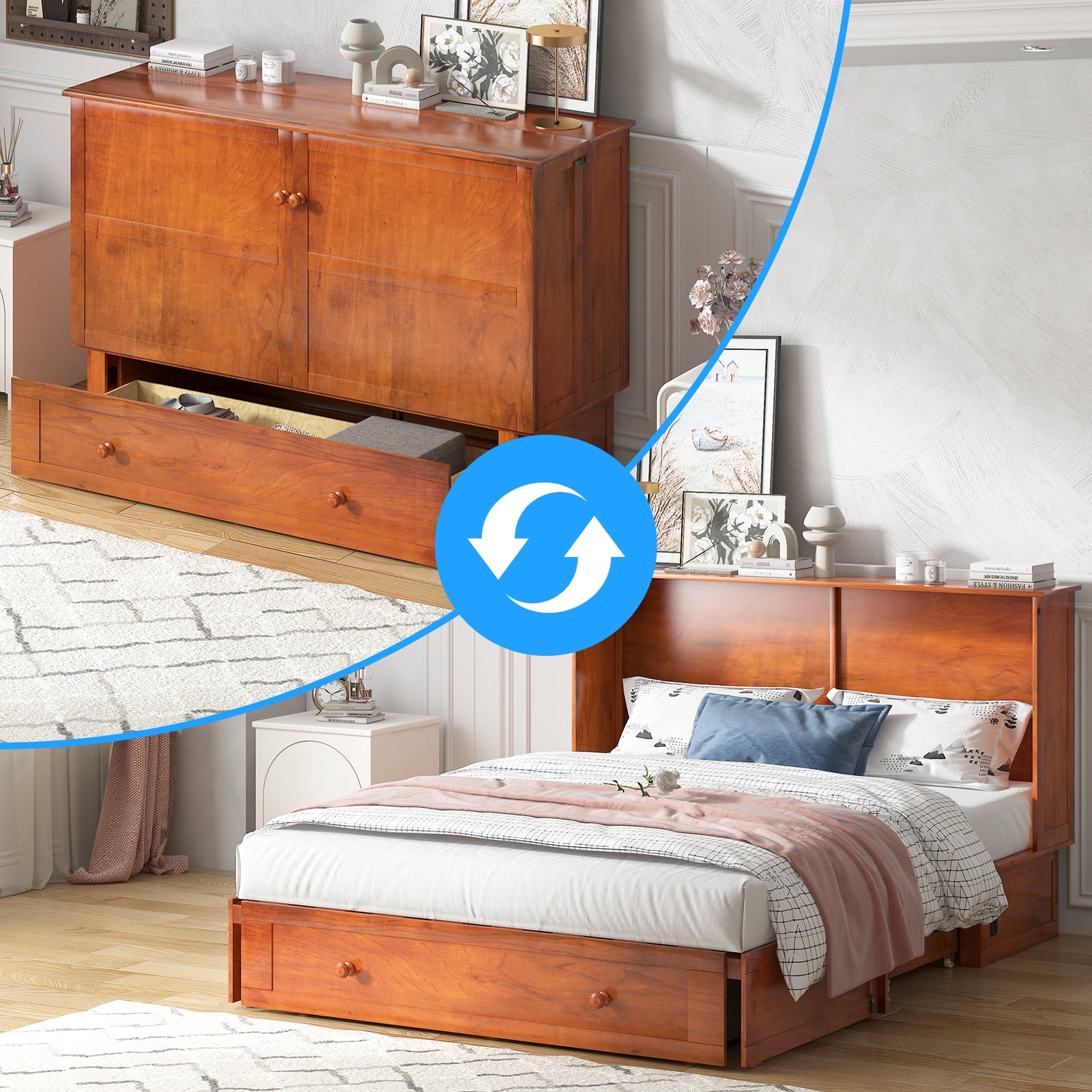 MUZZ Murphy Bed with Trifold Foam Mattress, Cabinet Bed has USB ...