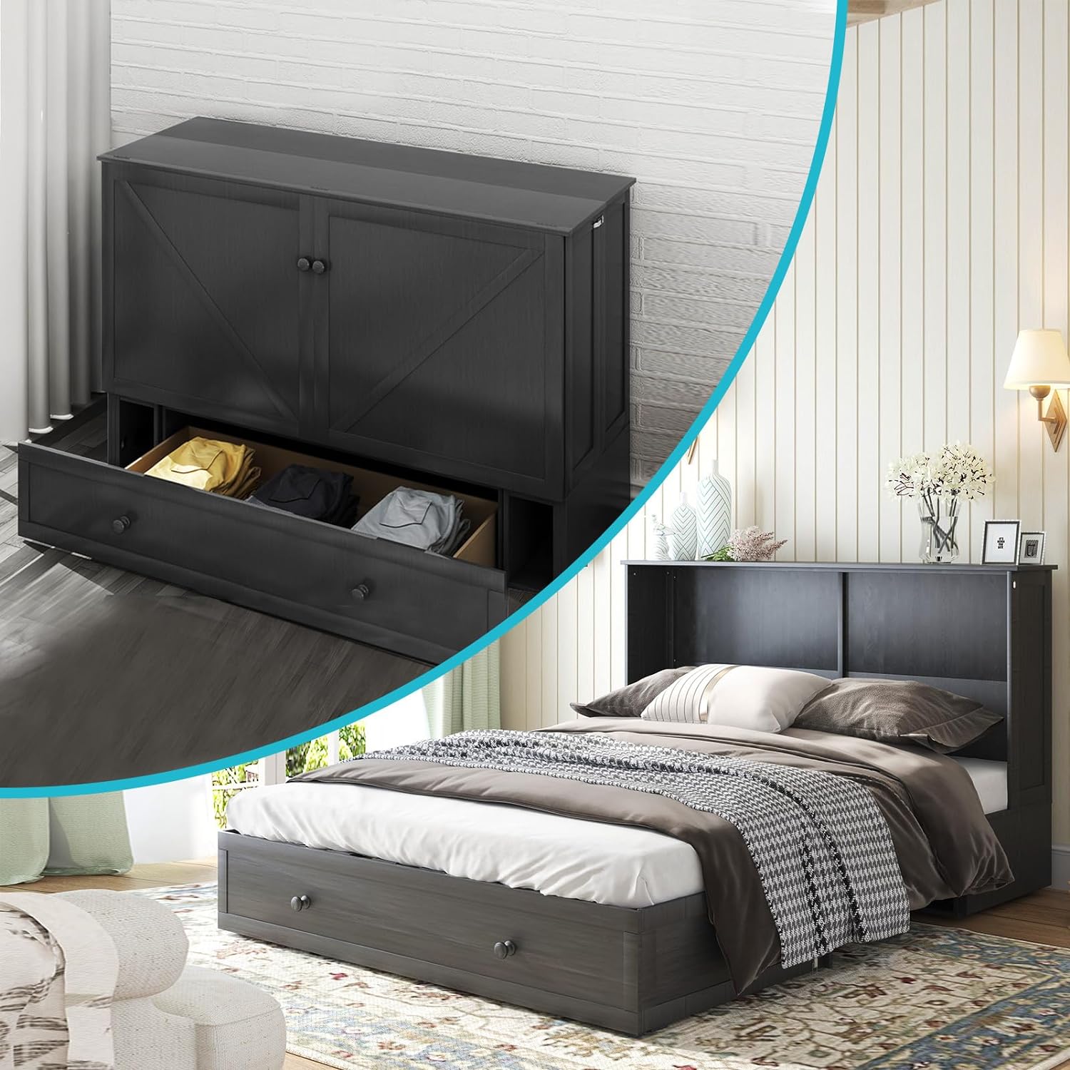 MUZZ Murphy Bed with Foam Mattress, Cabinet Bed has USB Charging ...