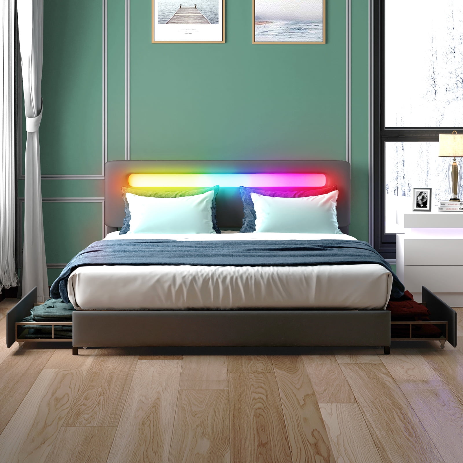 MUZZ Platform Bed Frame with RGB LED Light Bar, Upholstered Bed Frames ...