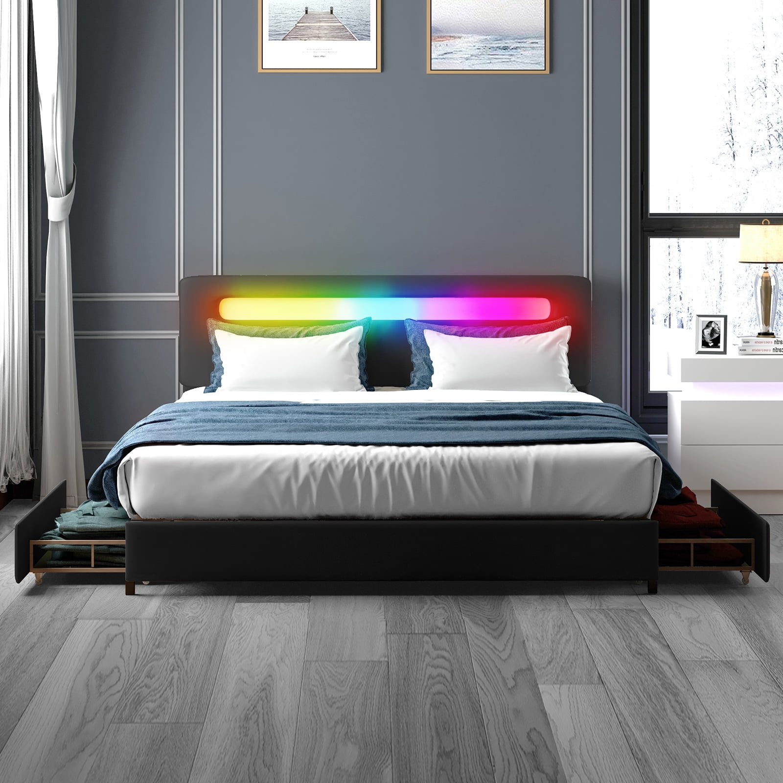 MUZZ Platform Bed Frame with RGB LED Light Bar, Upholstered Bed Frames ...