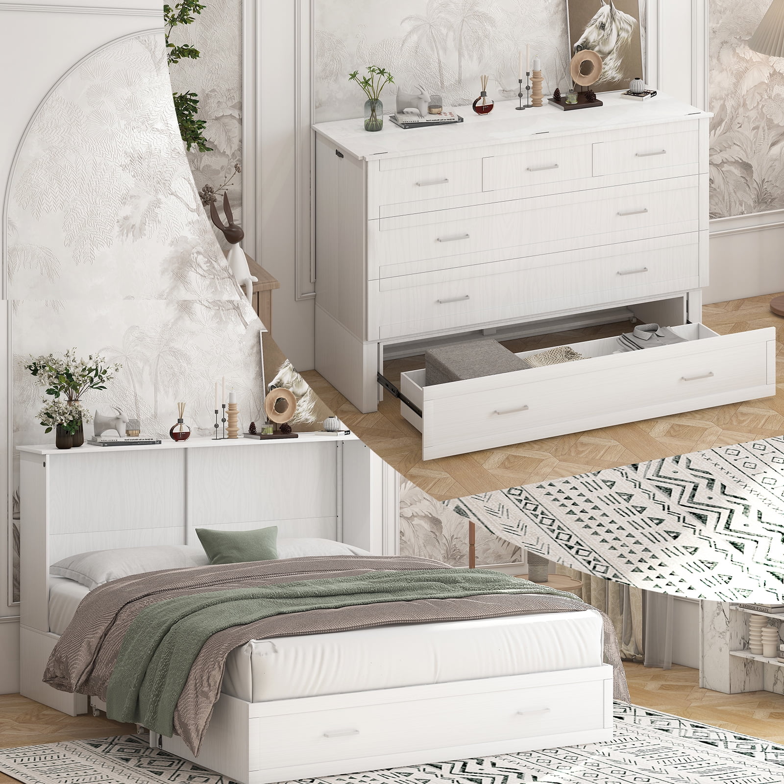 MUZZ Queen Size Murphy Bed, Guest Room Cabinet Bed with USB & Charging ...