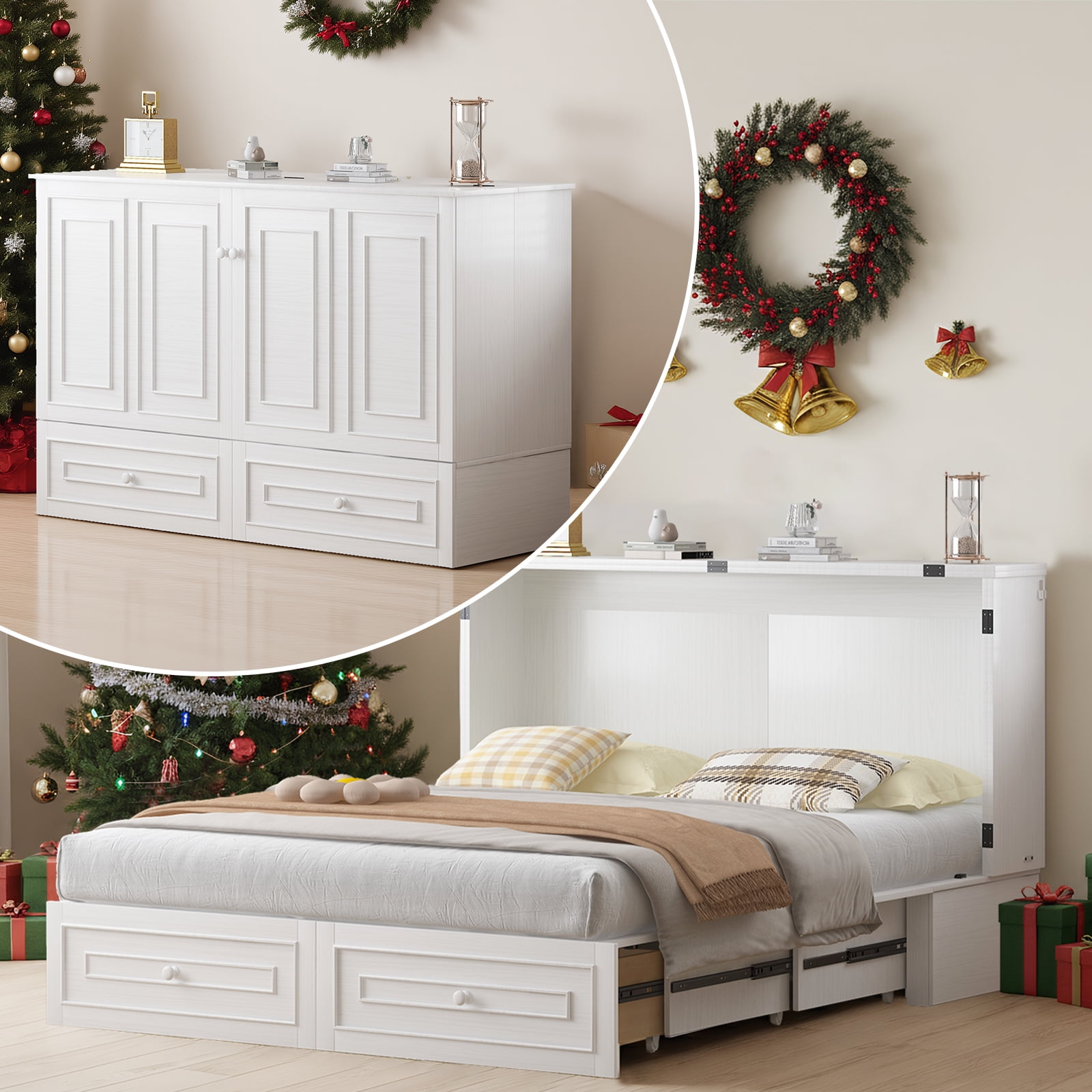 MUZZ Queen Size Murphy Bed with Tri-Folding Mattress&Charging Station ...