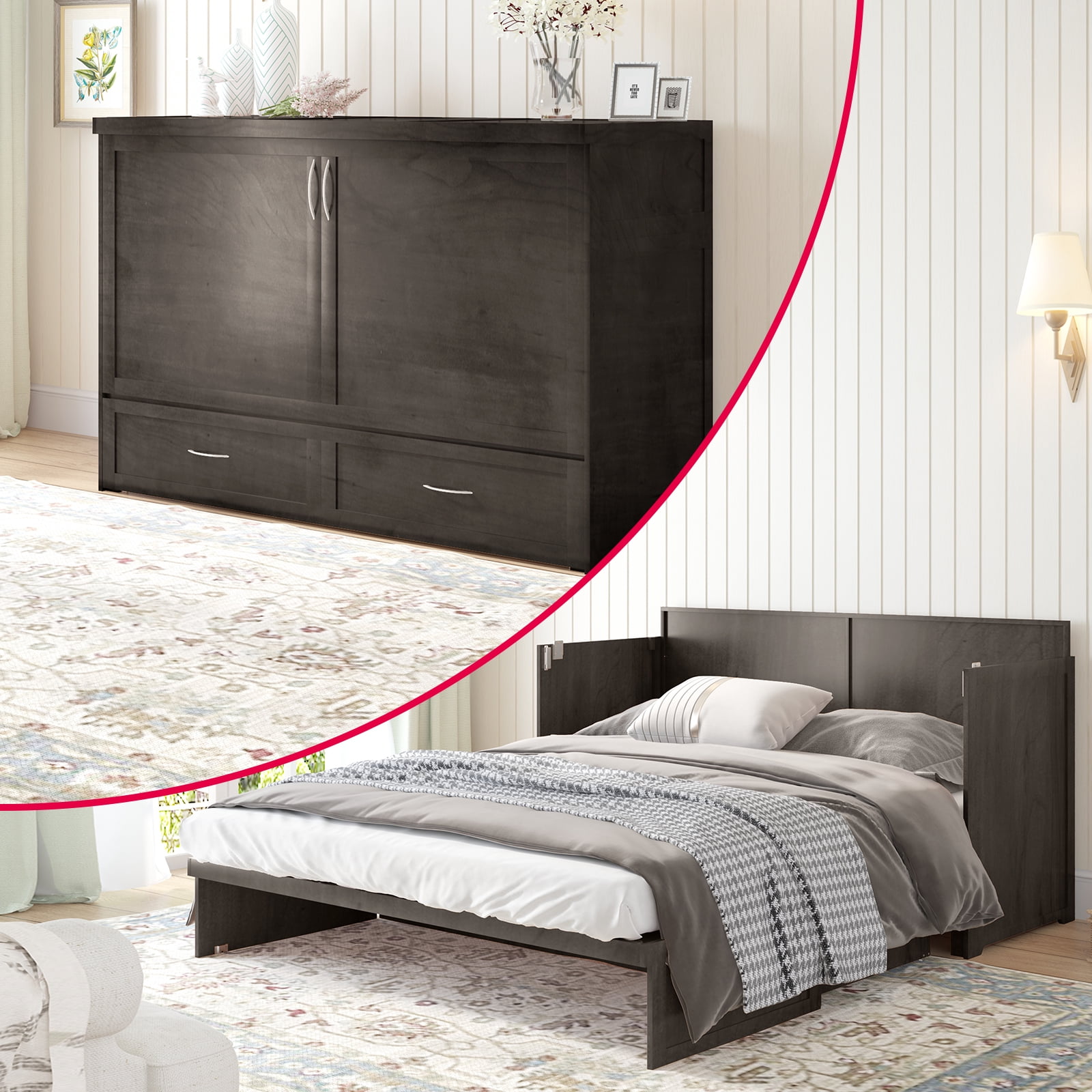 MUZZ Queen Size Murphy Cabinet Bed, Foldable for Small Spaces, with USB ...