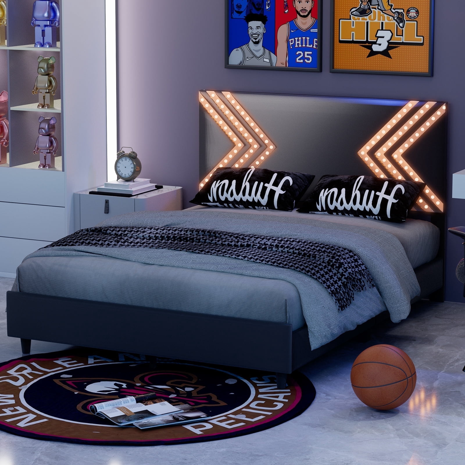 MUZZ RGB LED Full Size Platform Gaming Bed Frame, Hardwood Slat Support ...