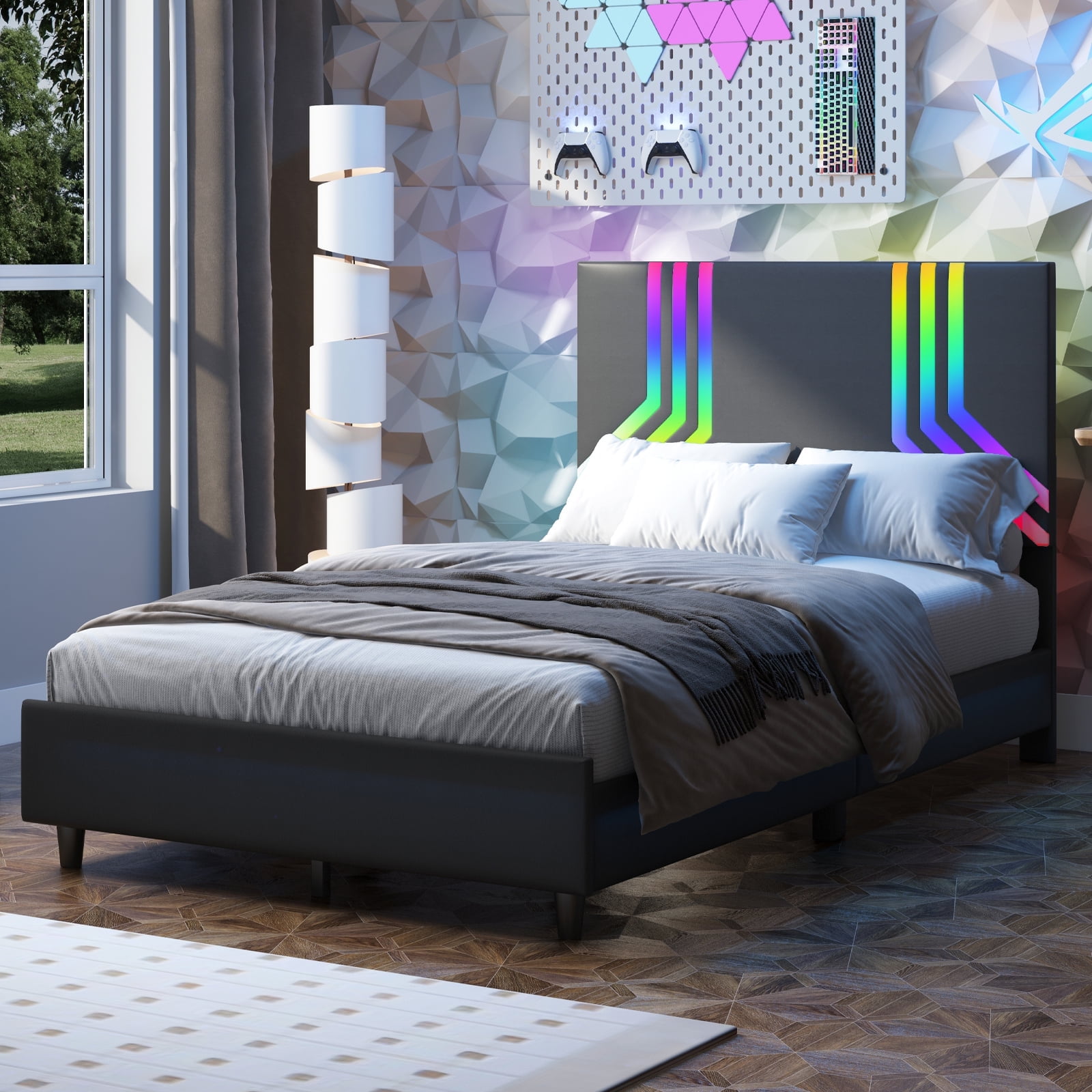 MUZZ RGB LED Full Size Platform Gaming Bed Frame, Hardwood Slat Support ...