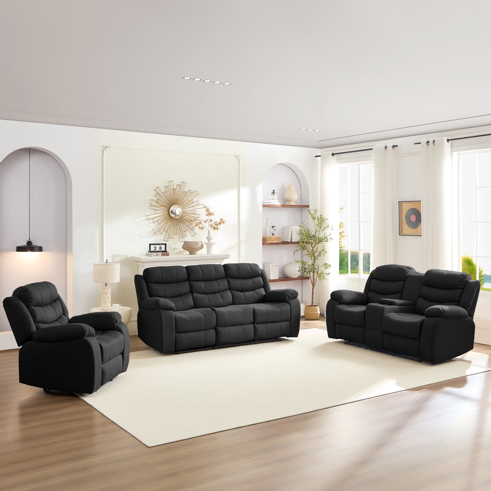 MUZZ Reclining Sofa Set, Modern Recliner Sofa with Cup Holders, Flip-Up ...