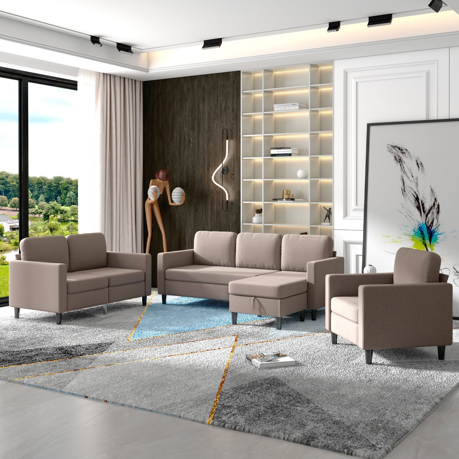 MUZZ 3 Piece Modern Linen Sofa And Loveseat Set Beige - Walmart.com