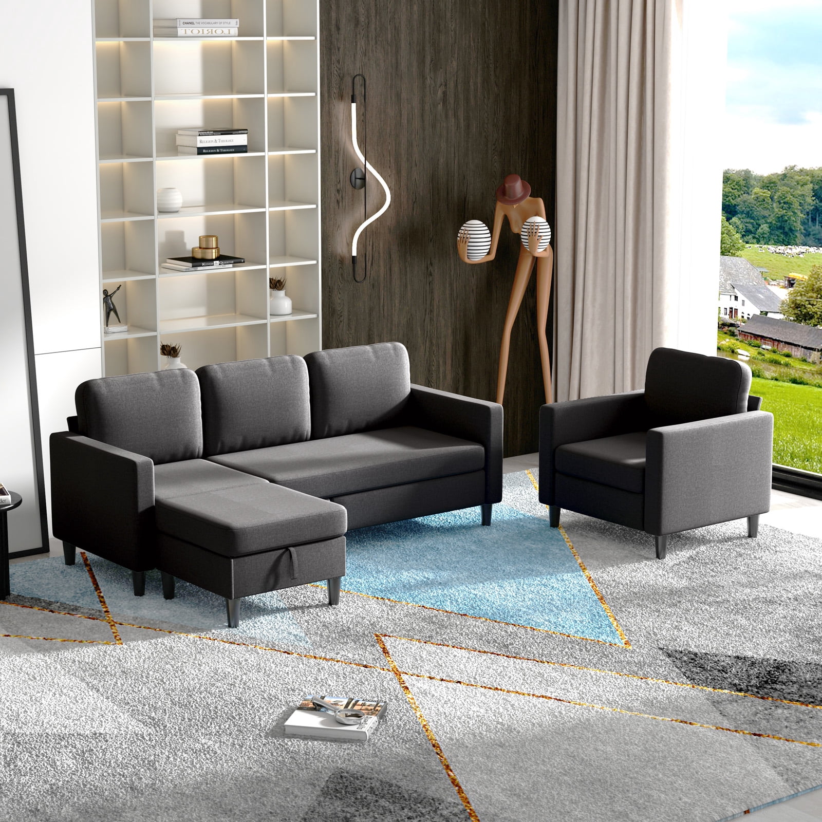 MUZZ Sectional Sofa Couches Set for Living Room (3-Seater Sofa&Single ...
