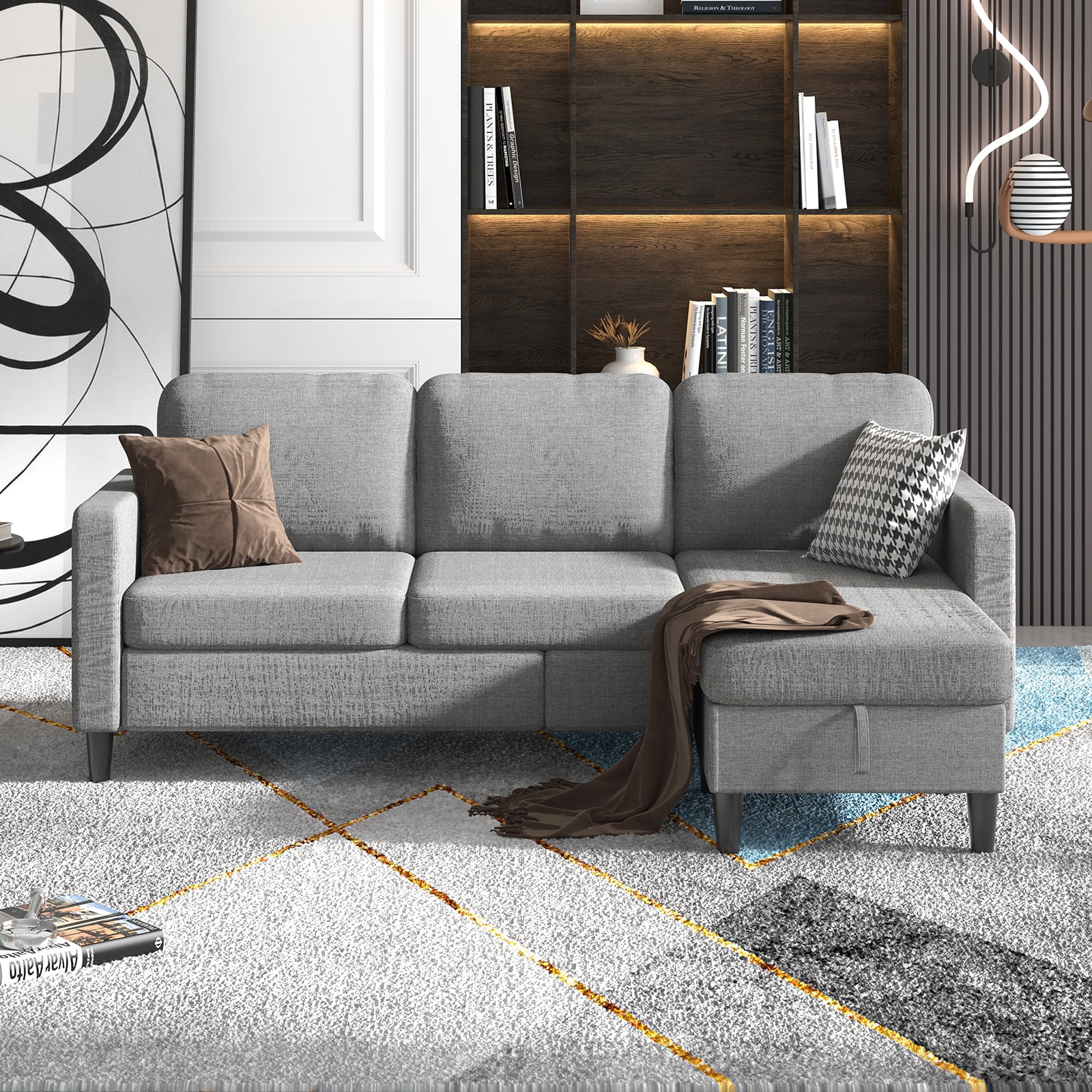 MUZZ Comfy 3-Seater L-Shaped Convertible Sectional Sofa with Movable ...