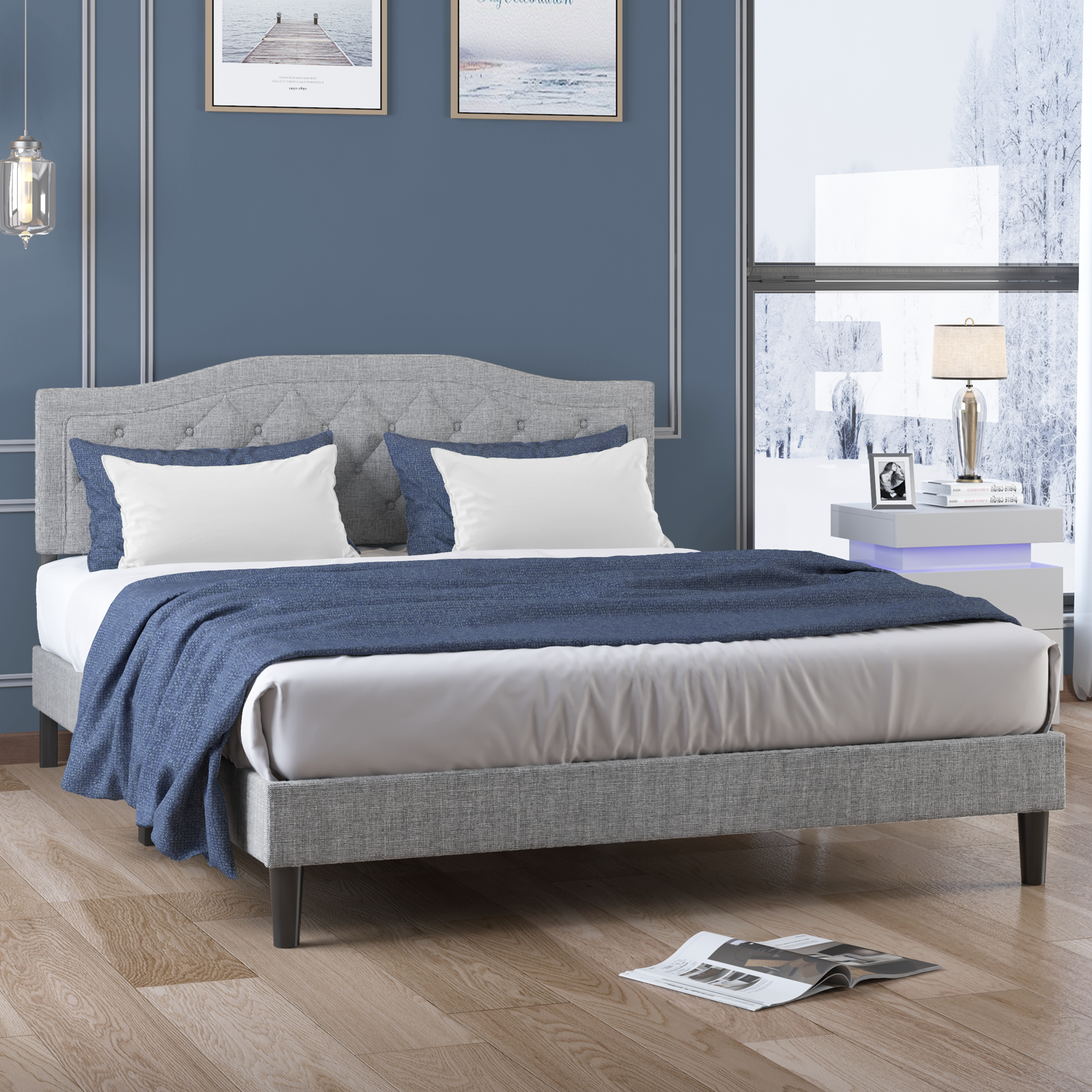 MUZZ Upholstered Line King Size Button Tufted Bed Frame, Platform Bed ...