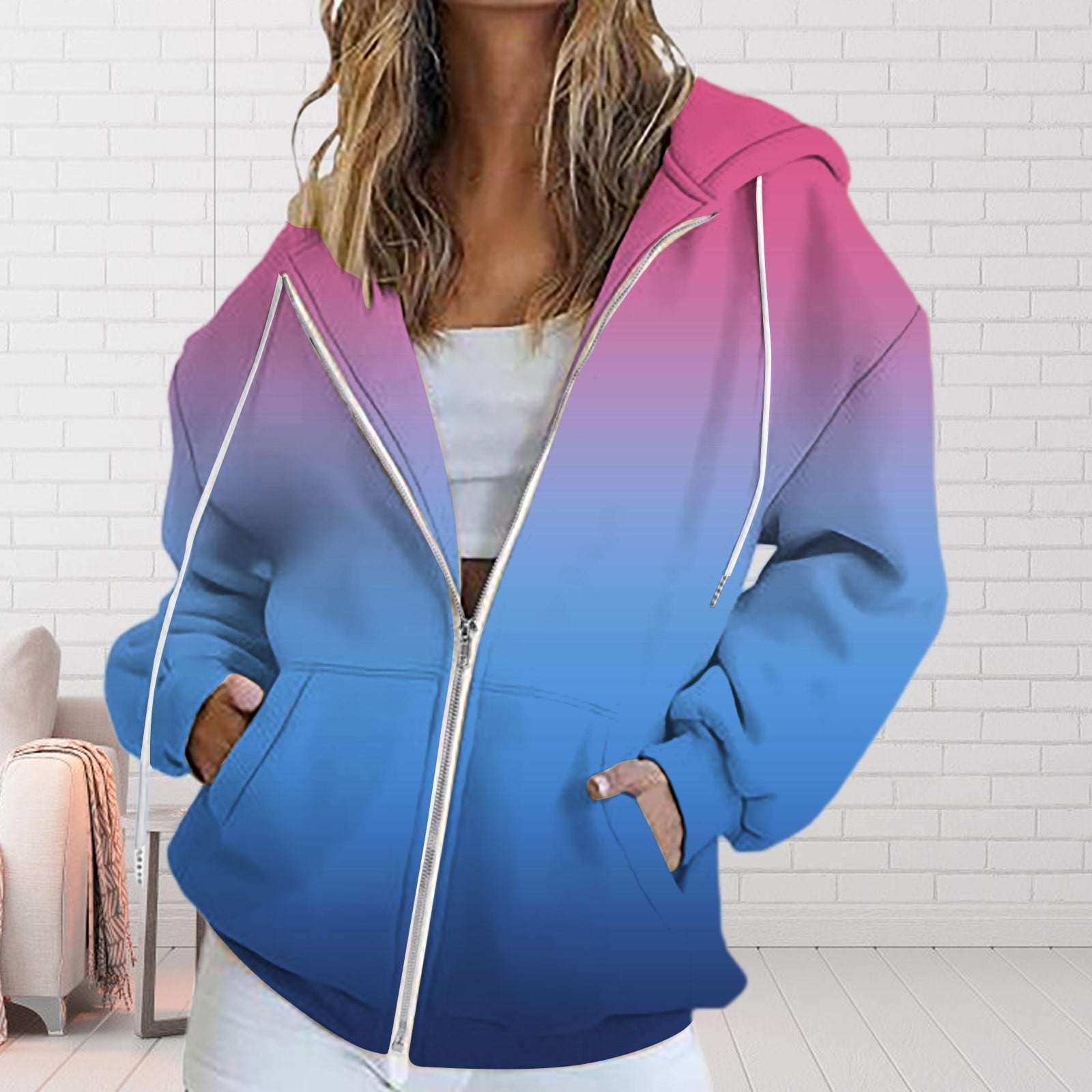 MVRLSH Zip Up Hoodie Women Fall Oversized Zip Track Jacket With Pockets ...