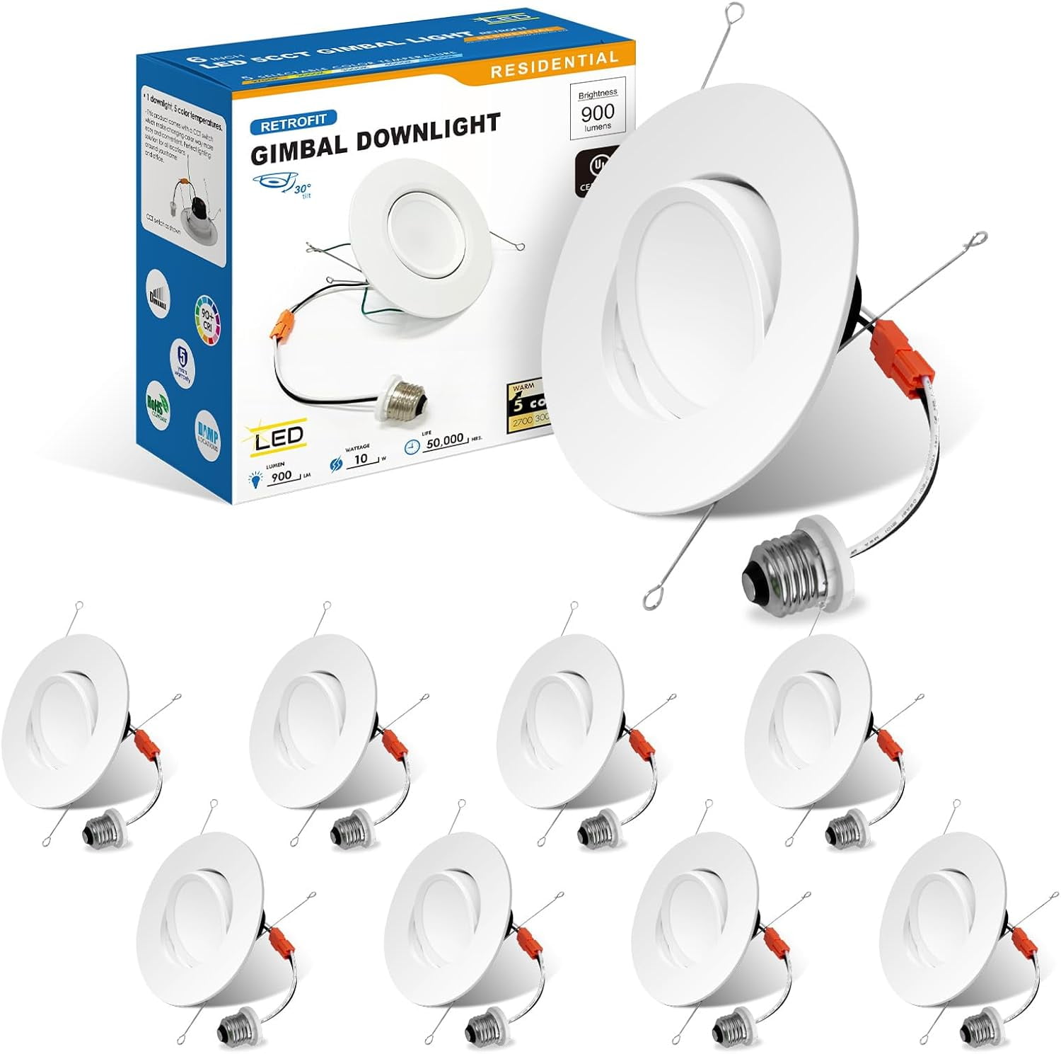 MW 8 Pack 6 Inch Rotatable Retrofit Gimbal LED Can Lights Dimmable, 11W ...