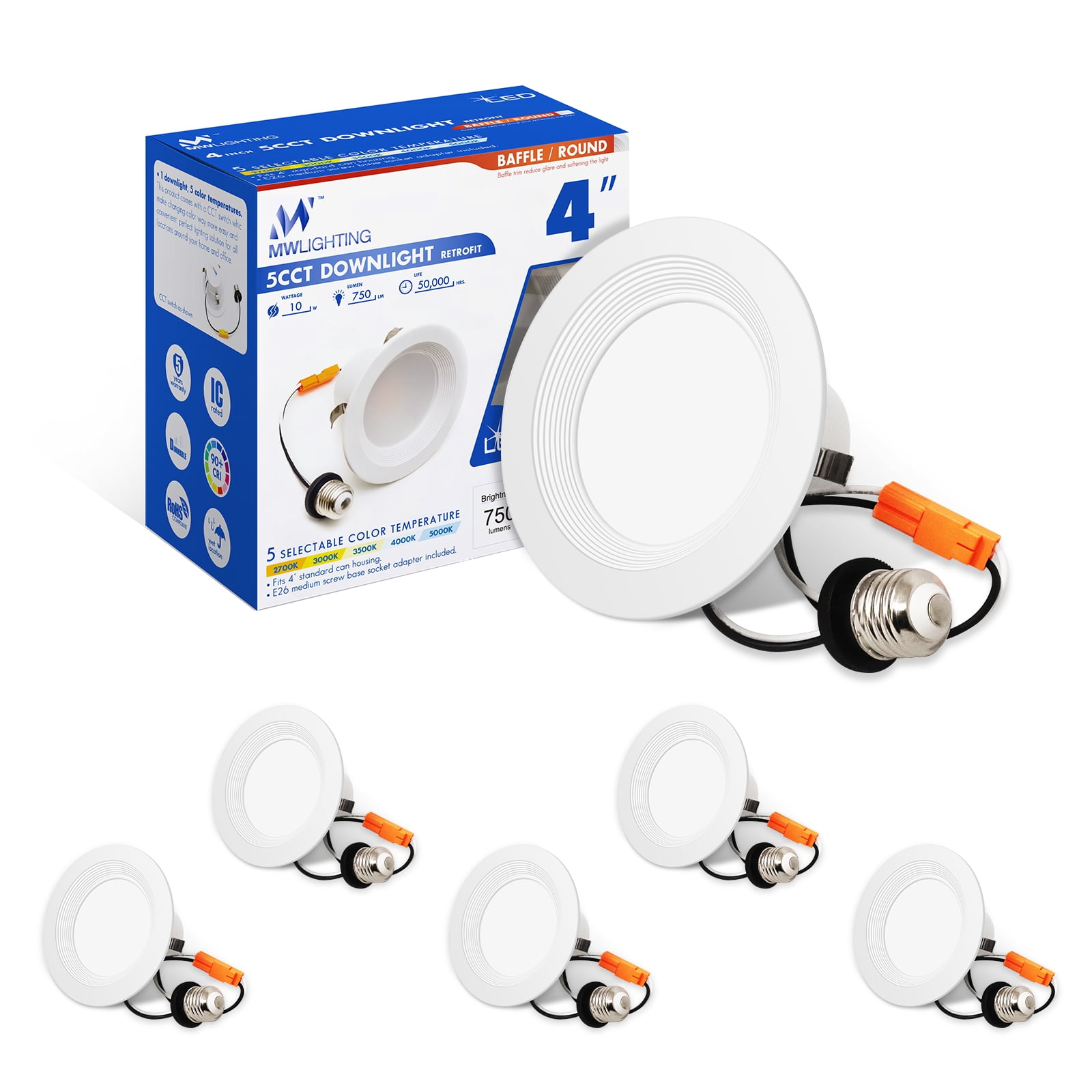 MW Lighting 4 Inch LED Downlight, 5CCT Color Selectable, Dimmable, Energy Star (6 Count ...