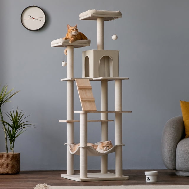 MWPO Large Wood Cat Tree with Perch, Climbing Tower, Condo, Hammock and ...