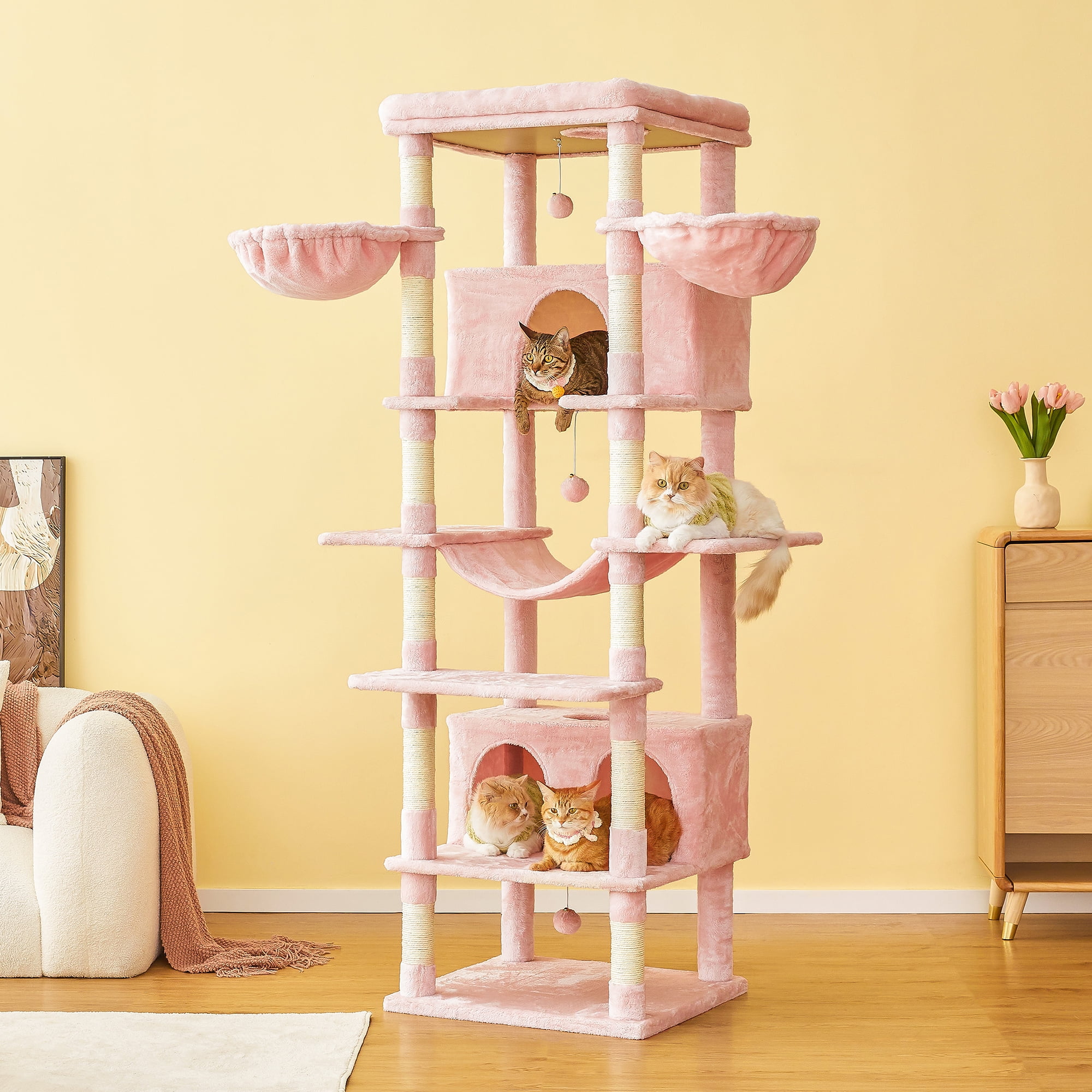 MWPO 77.6'' Cat Tree for Large Cat Tower with 2 Condos, 3 Hammocks and Stratching Post, Pink ...