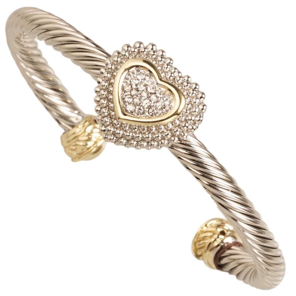 MX Signature Collection Two-Tone Cable Cuff Bracelet with Heart Pave ...