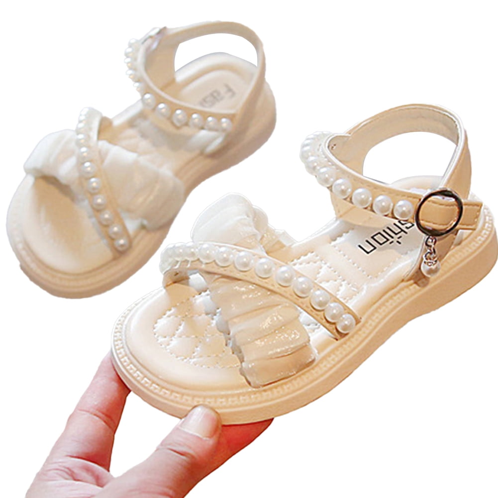 MXIEZI Little Big Girls Sandals Kids Open Toe Cute Flats Toddler Pearl ...