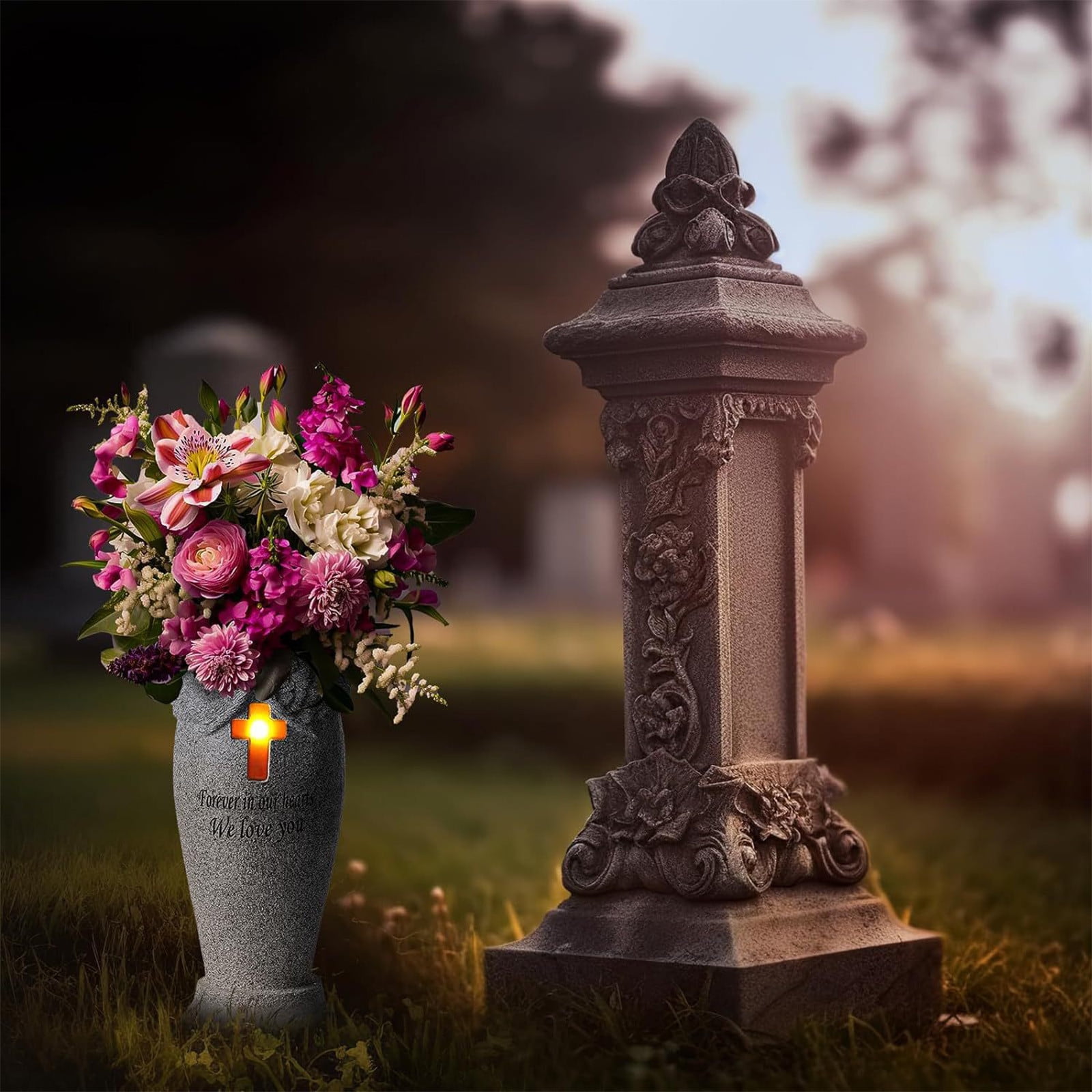 MXTPOV Solar Cemetery Grave Vase with LED Lights, Headstones Vases with ...