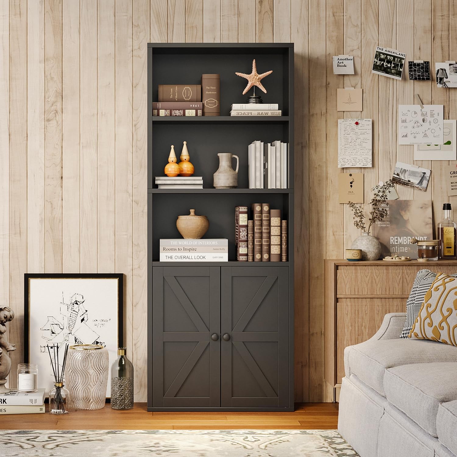 MXV Bookshelf Bookcase with Doors, 5 Tier Wooden Storage Shelves ...