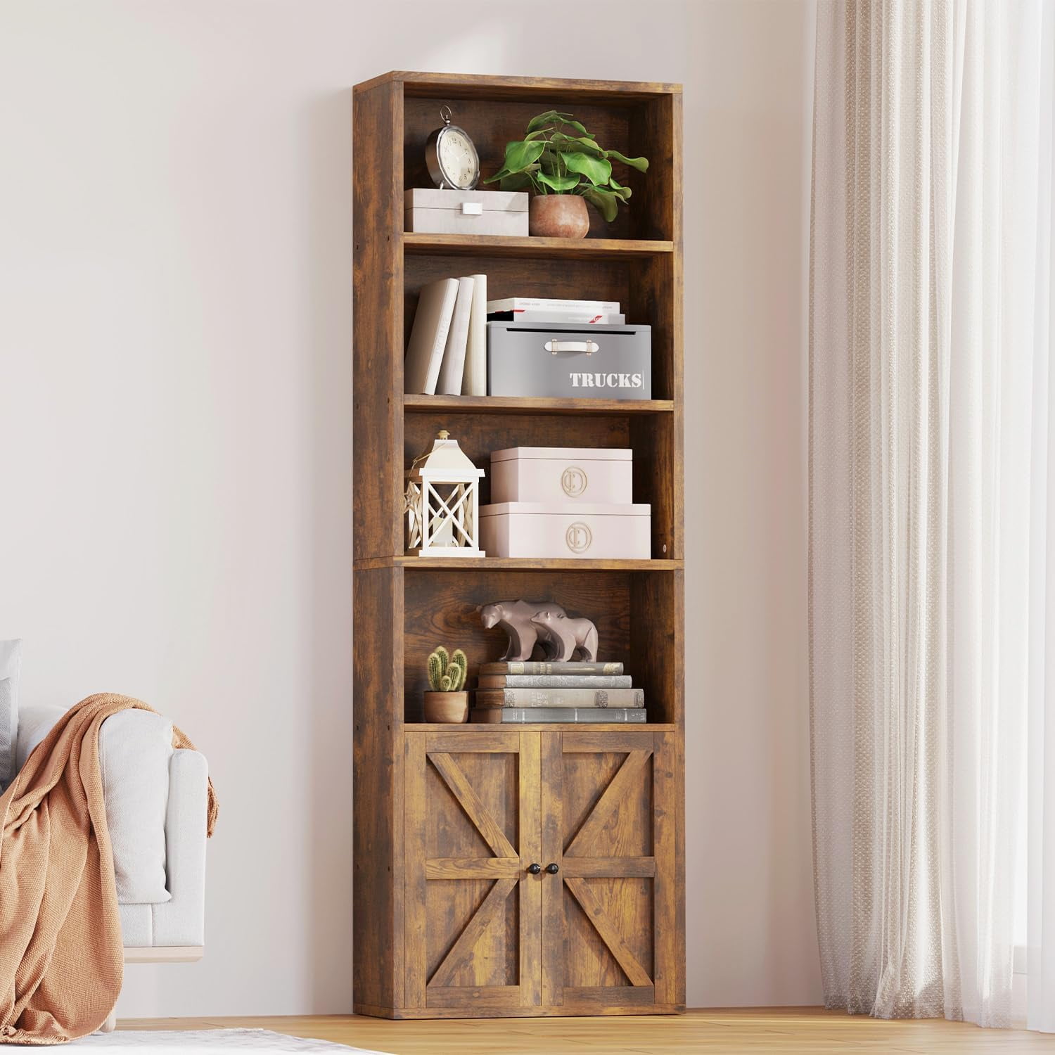 MXV Bookshelf Bookcase with Doors, 6 Tier 71" Tall Wooden Storage ...
