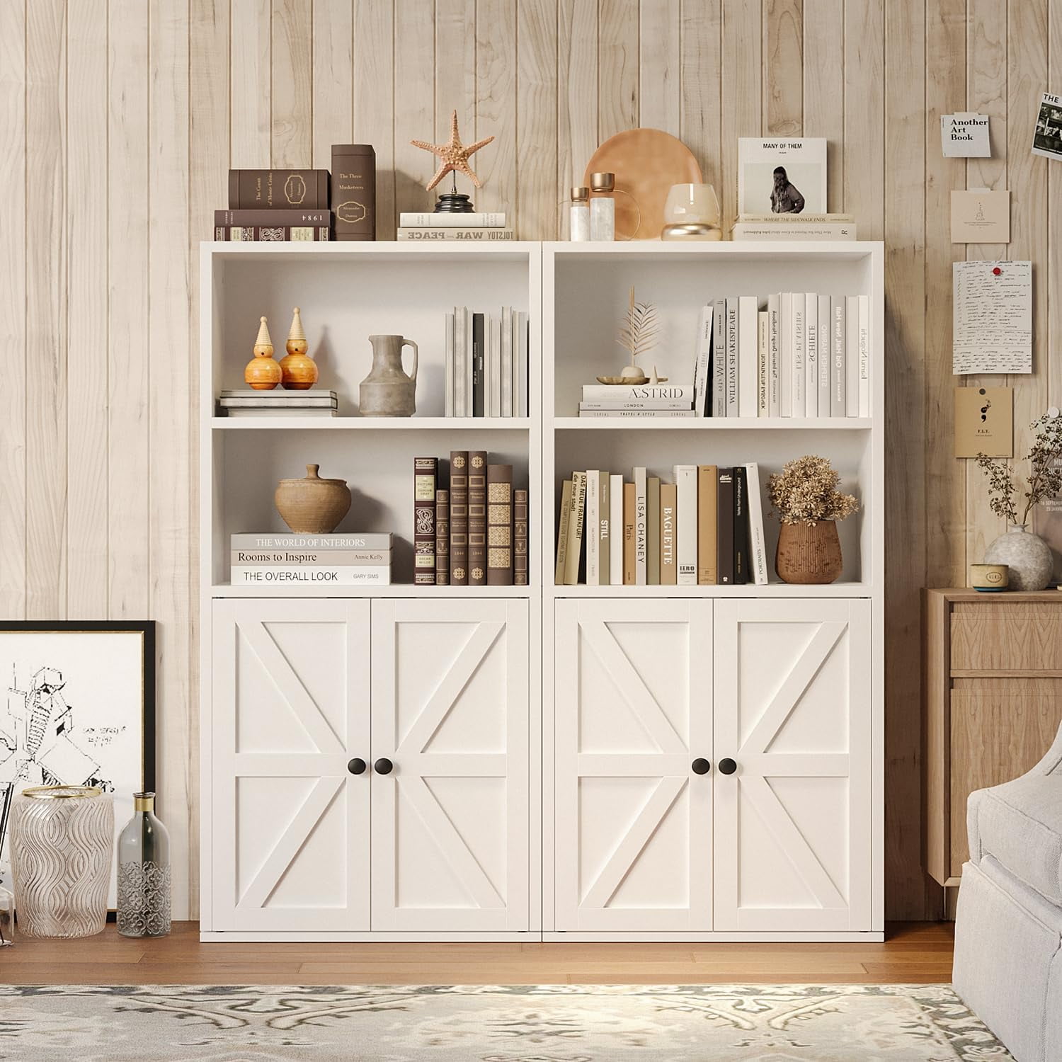 MXV Bookshelf and Bookcase Set of 2, Wooden Bookshelves with Cabinet ...