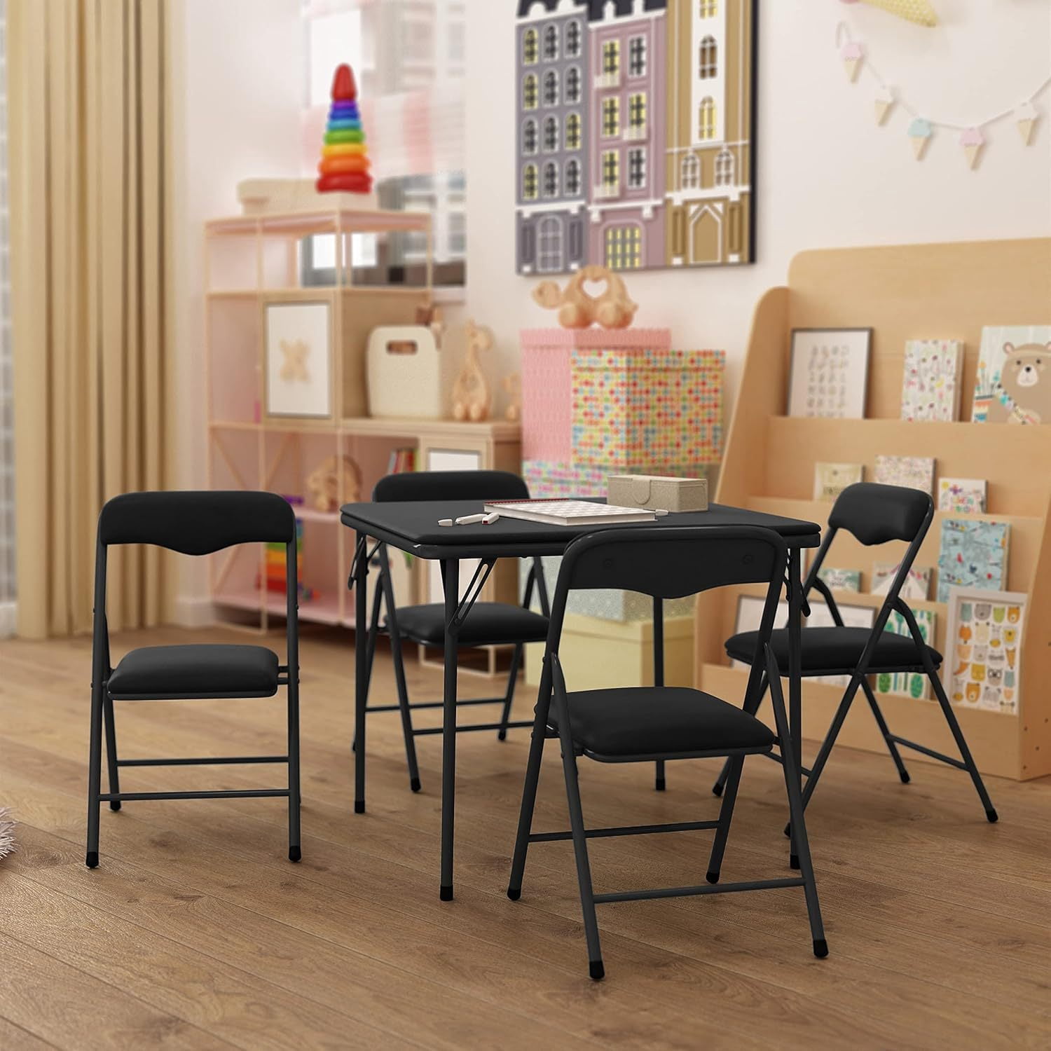 MXXF 5 Piece Kid's Folding Table and Chairs Set - Black Design ...